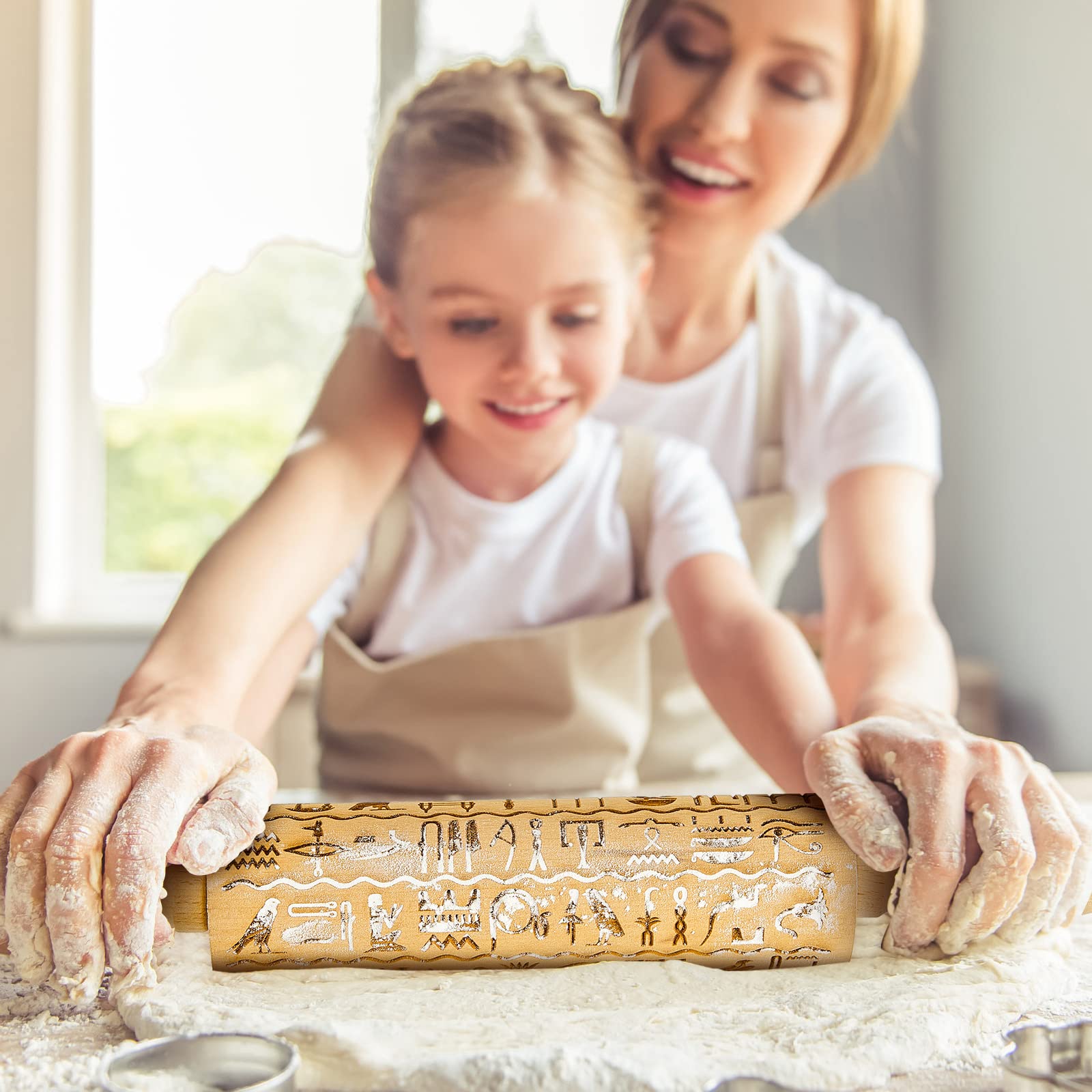 Rolling Pins for Baking Egypt Hieroglyphs Engraved Embossing Rolling Pin 15 Inches Embossed Rolling Pin Kitchen Tools for Egyptian Theme Baking Embossed Cookies for Women Mom Birthday Gift