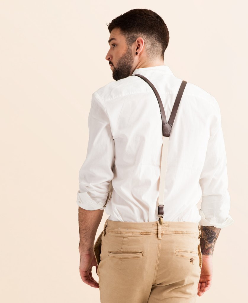 JJ Suspenders Genuine Leather Suspenders For Men with Elastic Strap & Dual Clips (Tan)