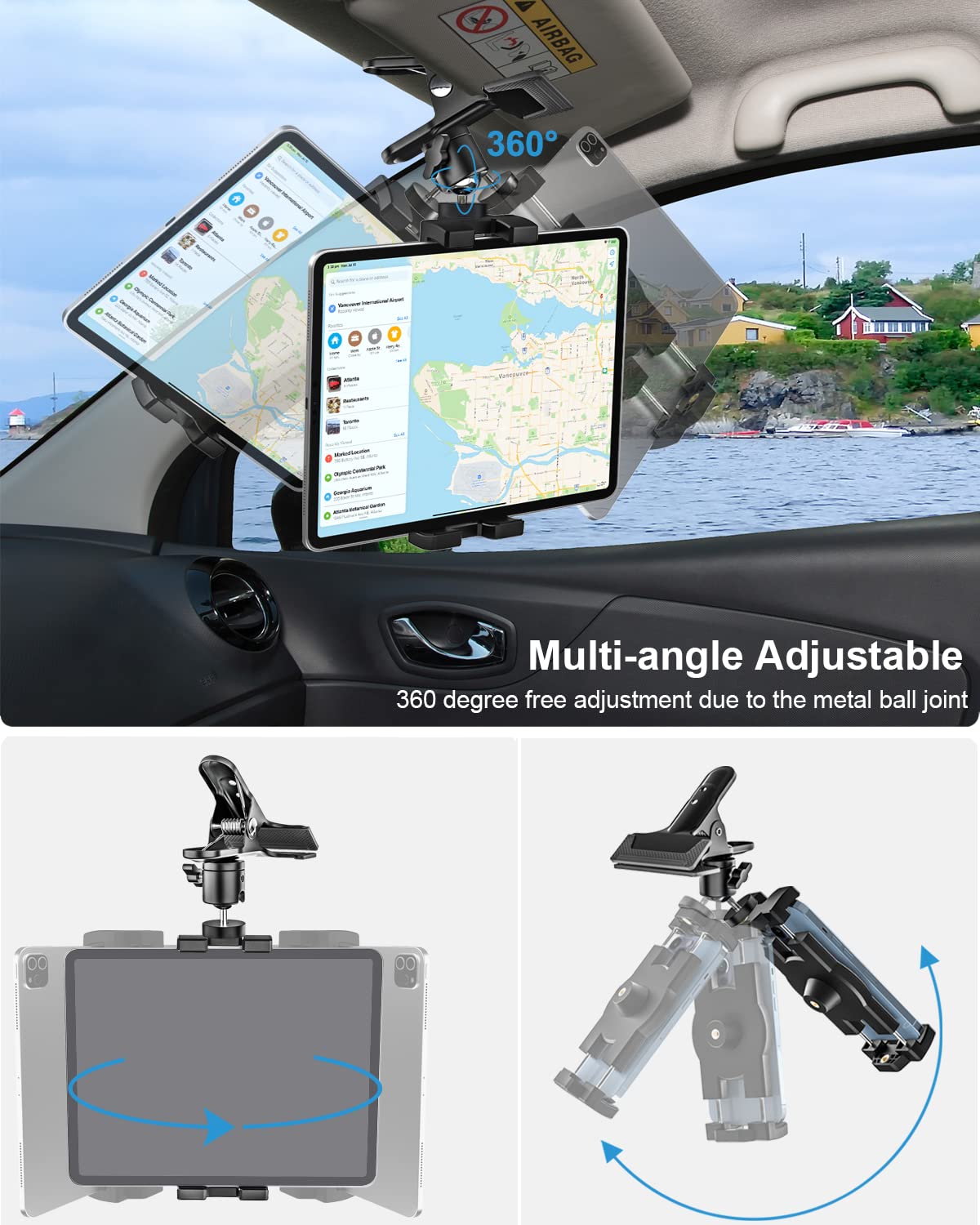 woleyi Sun Visor Car Tablet Holder, Visor Clip Tablet Mount for Car, 360° Rotation Universal Steering Wheel Tablet Clamp with 1/4'' Screw for iPad Pro Air Mini, Phone, Switch, 4.7-13" Devices/Camera