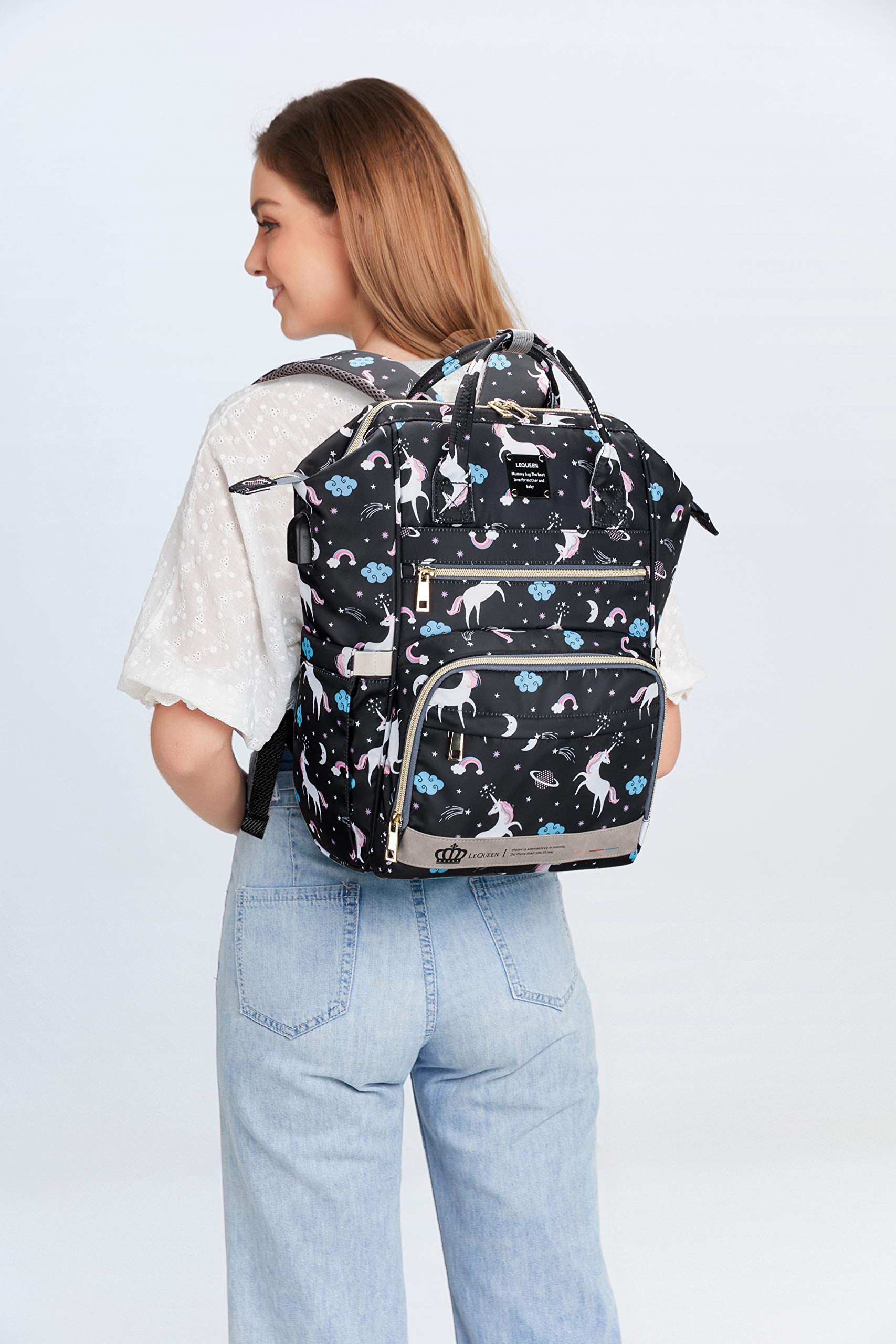 LEQUEEN Diaper Bag Backpack, Unicorn Multifunction Travel Back Pack Maternity Baby Changing Bags (Black)