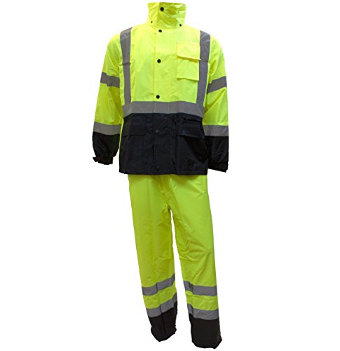 RK Safety Class 3 Rain suit, Jacket, Pants High Visibility Reflective Black Bottom RW-CLA3-LM11 (Large, Lime)