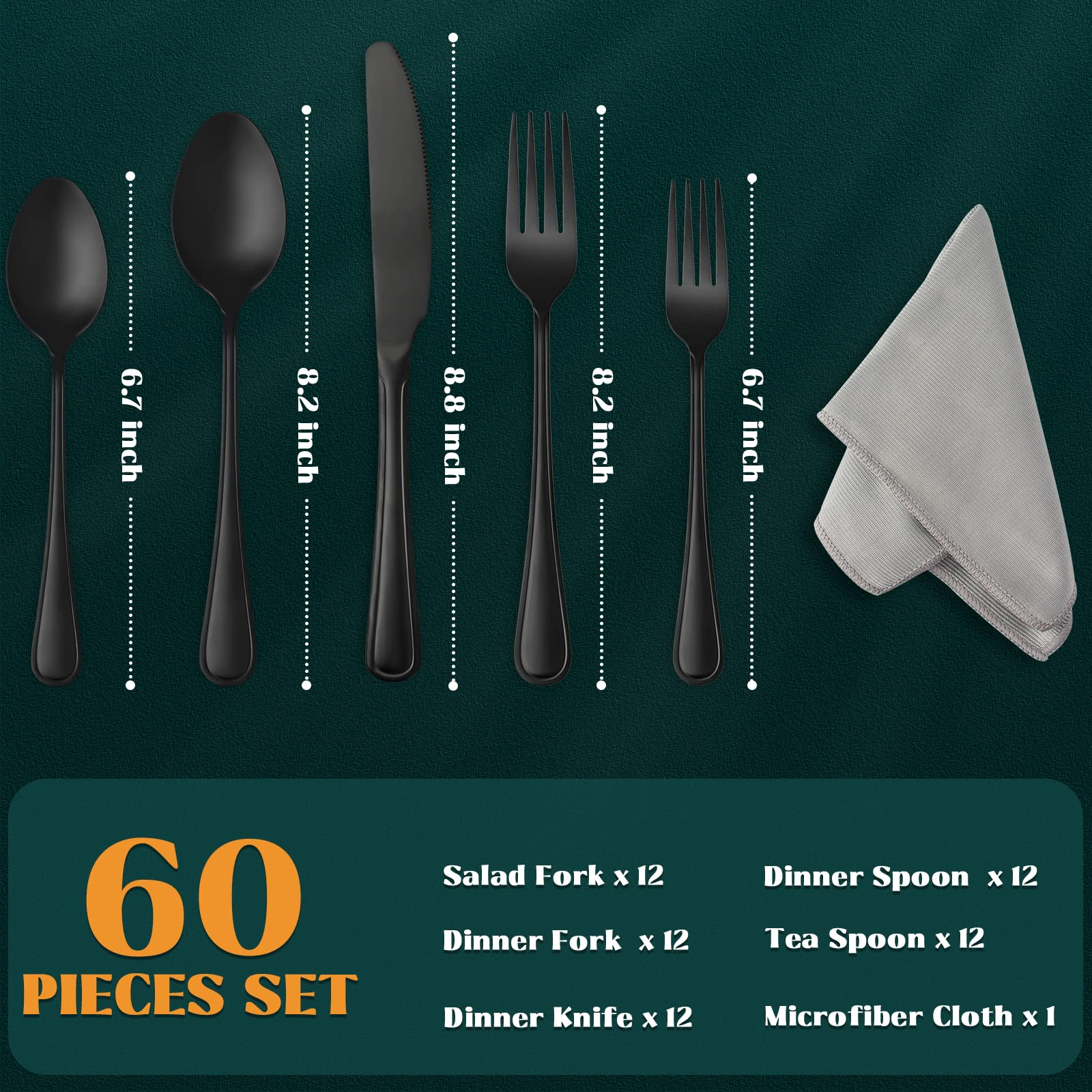 KONIGEEHRE 60 PCS Matte Black Silverware Set for 12, Stainless Steel Flatware Cutlery Set For Home Restaurant Hotel, Kitchen Utensils Set, Mirror Polished, Dishwasher Safe