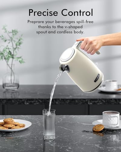 LONGDEEM Electric Kettle Stainless Steel 1.7L - 1500W Quick Boil, Retro Style, Auto Shut-Off, Boil Dry Protection with Filter & Water Gauge - Perfect for Tea, Hot Water, Cream