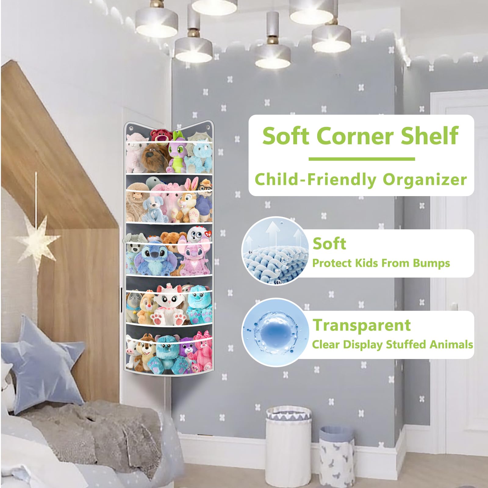 UVIAHOMI Sofe Corner Stuffed Animal Storage Toy Organizer, Child-Friendly Wall Corner Storage,Toy Shelf for Stuffed Animals, Diapers,Toys - Baby Ideas Holder with 5 Large
