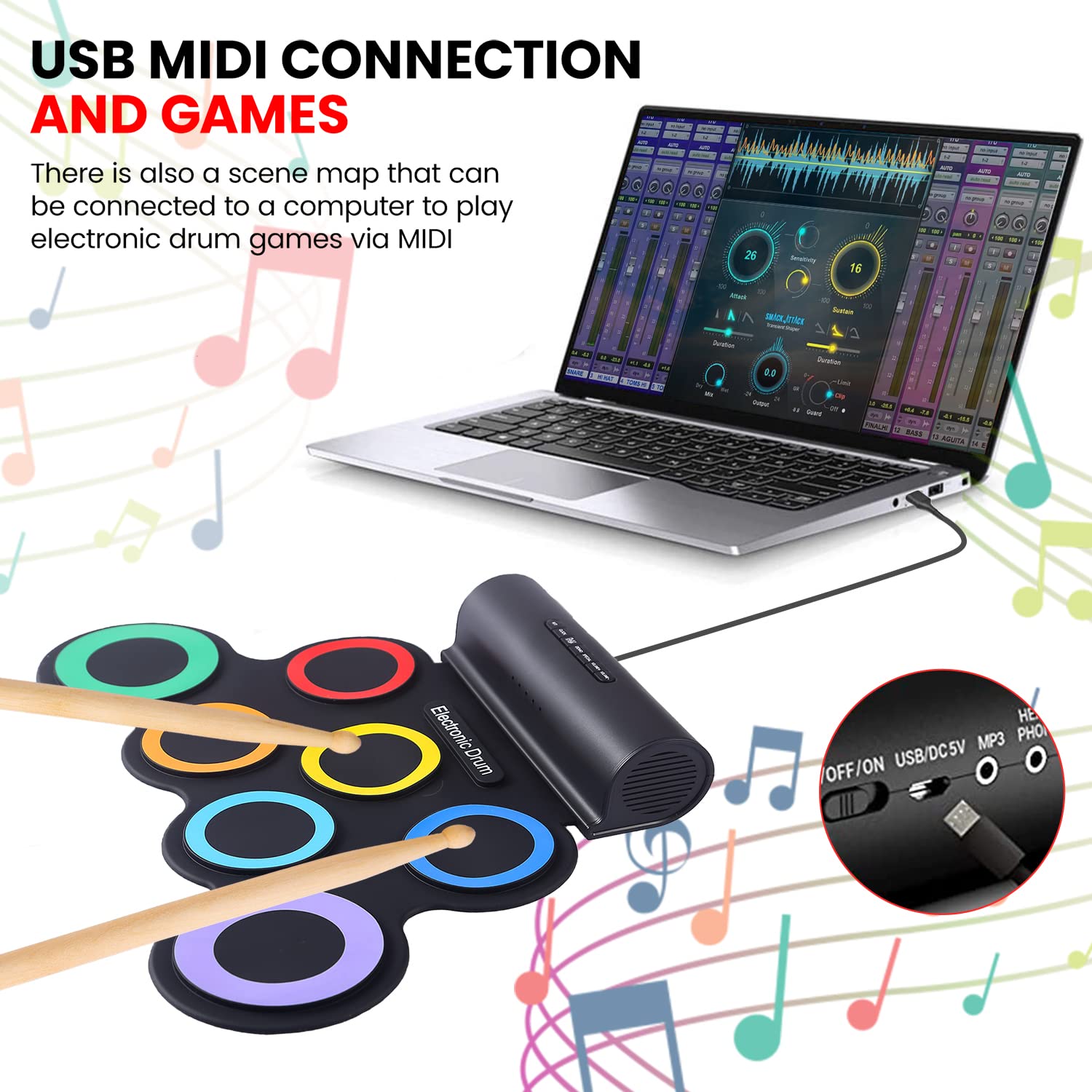 Oirtmiu Electric Drum Set – Rainbow Electronic Drum Set for Kids with Drum Sticks, Pedal, Headphone Jack – MIDI Roll Up Practice Drum Pad for Children and Adults – USB Rechargeable Kid Drum Set