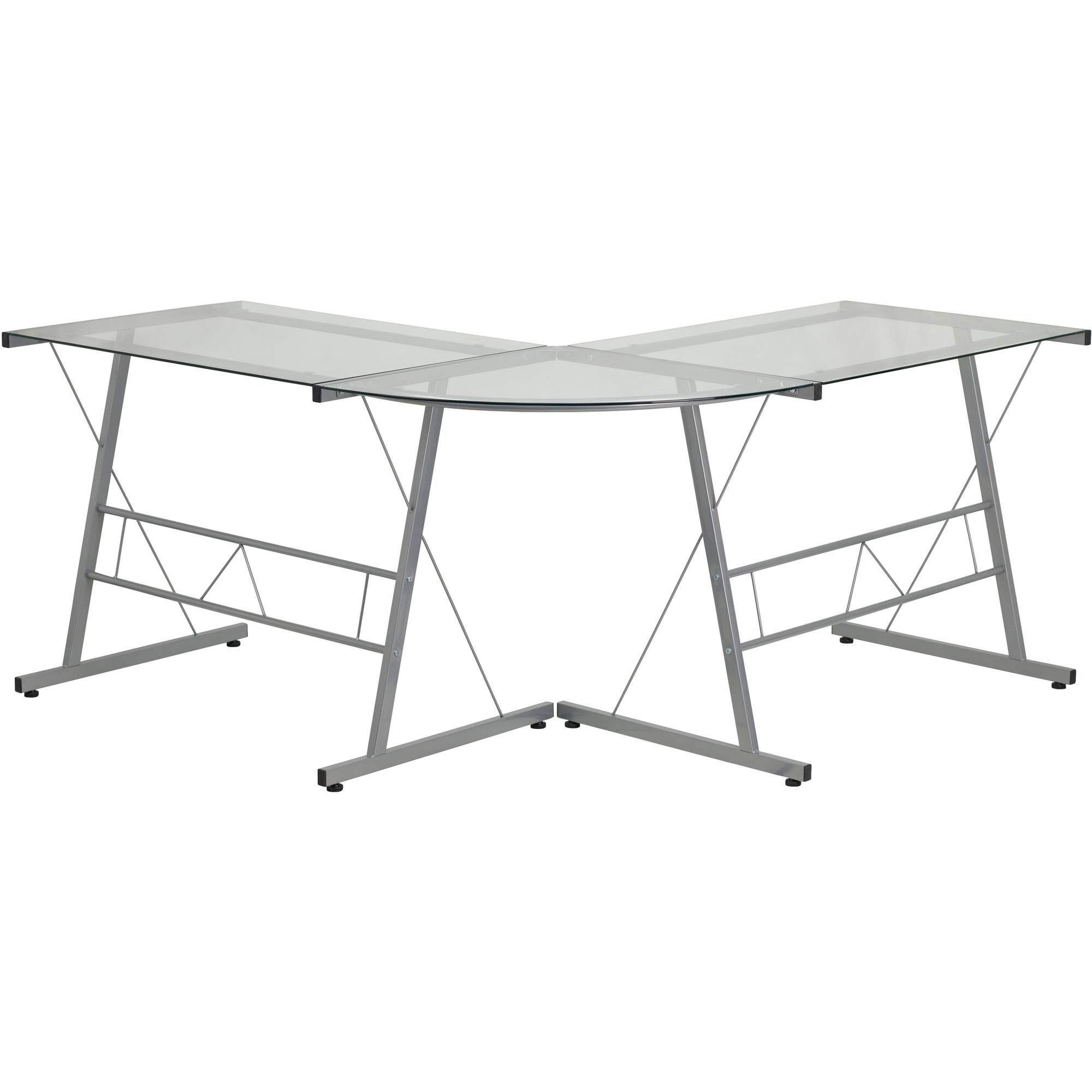 L Shape Glass Computer Desk Corner Workstation Home Office Furniture Silver Frame Laptop PC Table Study Writing Reading
