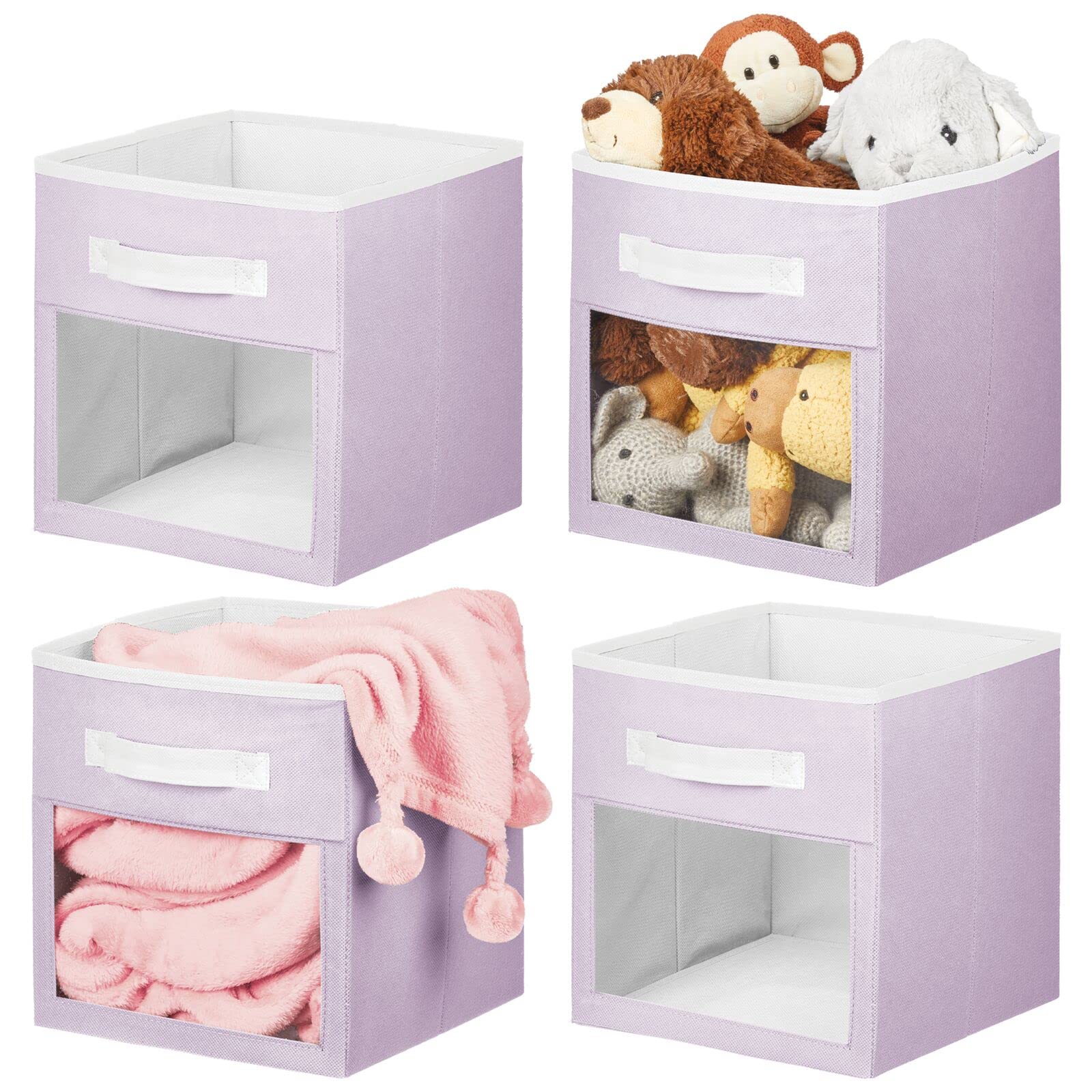 mDesign Fabric Nursery/Playroom Closet Storage Organizer Bin Box with Front Handle/Window - Cube Furniture Shelving Unit, Hold Toys, Clothes, Diapers, Bibs, Jane Collection, 4 Pack, Light Purple/White