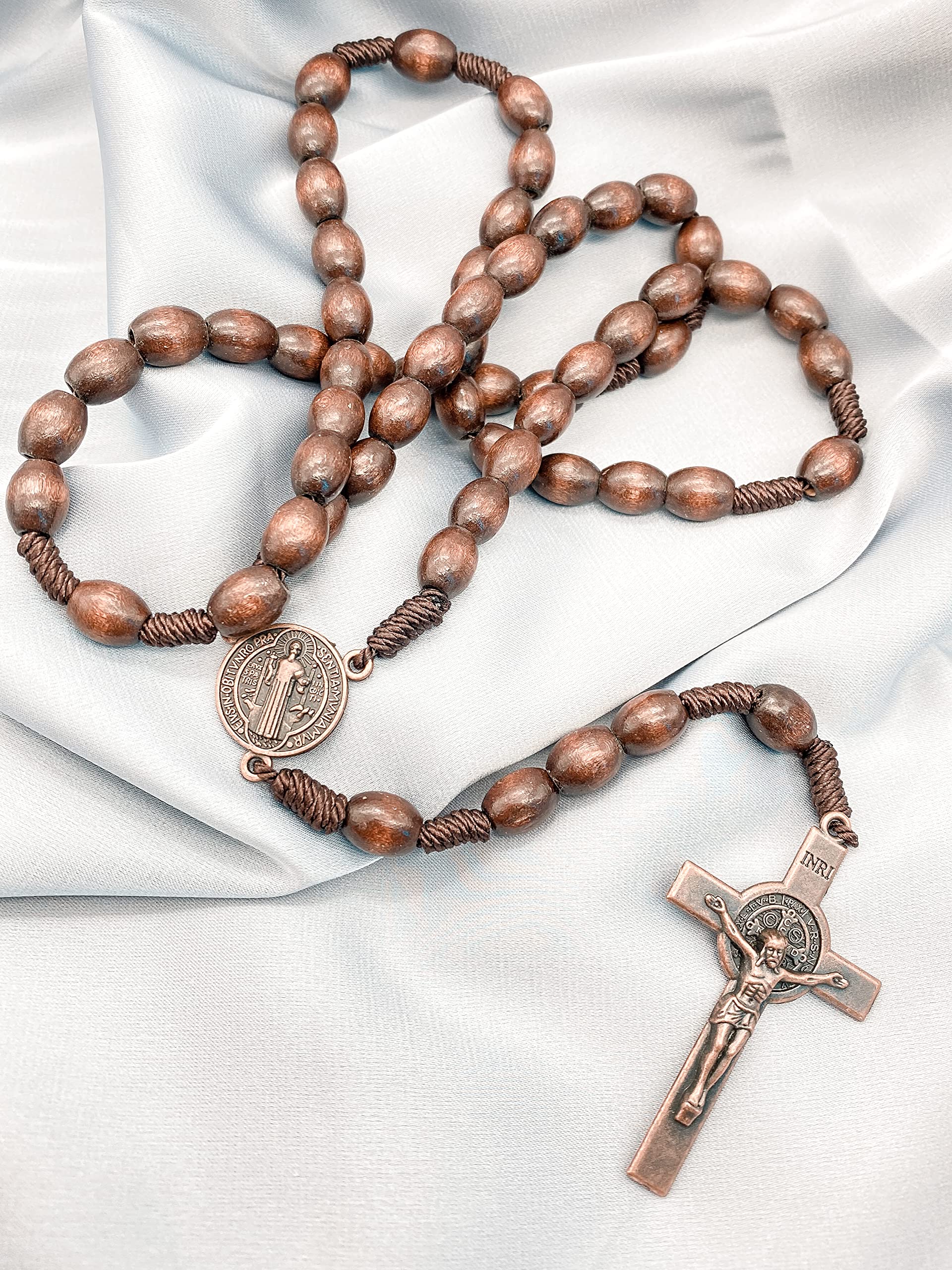 Nazareth Store St.Benedict Wood Beads Rosary Necklace Cord Beaded Catholic Rosary Saint Medal with Cross in Bronze Plating