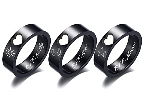 MZZJ Set of 3 Best Friend Ring Band Moon Sun Star Ring Personalized Friendship Ring Minimalist 6MM Black Stainless Steel Heart Shape Cut out Flat Stackable Knuckle Ring Wedding Band,Bridesmaid Gift