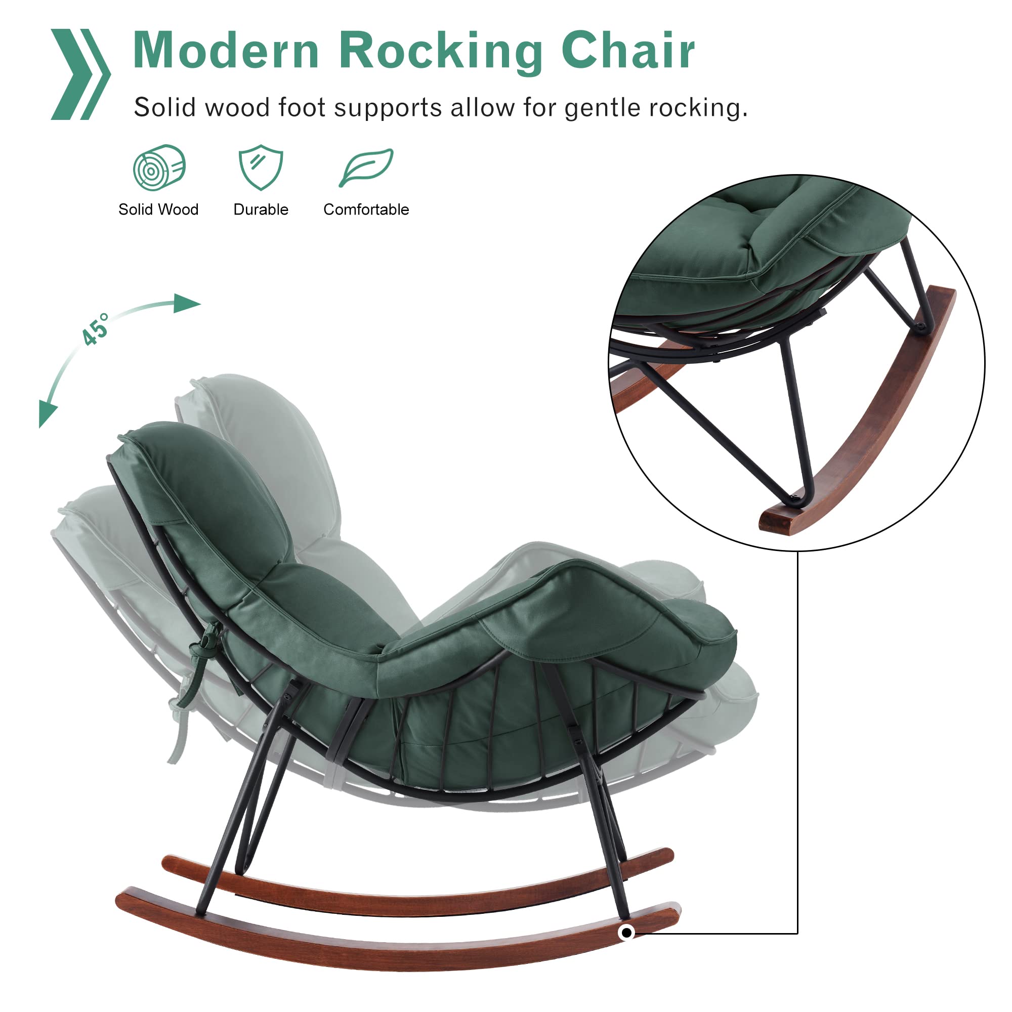 MCombo Modern Rocking Chair, Upholstered Glider Rocker Nursery Accent Chair with Ottoman, Comfy Reading Chairs for Living Room Bedroom Offices (Green)