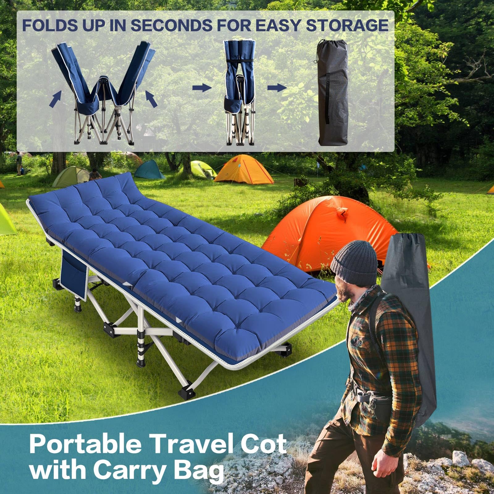 NESDCC Camping cot, Camping Bed cots for Sleeping 450LBS(Max Load) 75x28 inches Folding cot with Carry Bag Double Layer Oxford Camping cots Sleeping cots for Adults Office Home Nap Beach Vocation