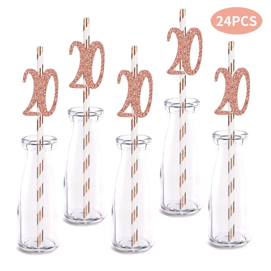 Rose Happy 20th Birthday Straw Decor, Rose Gold Glitter 24pcs Cut-Out Number 20 Party Drinking Decorative Straws, Supplies