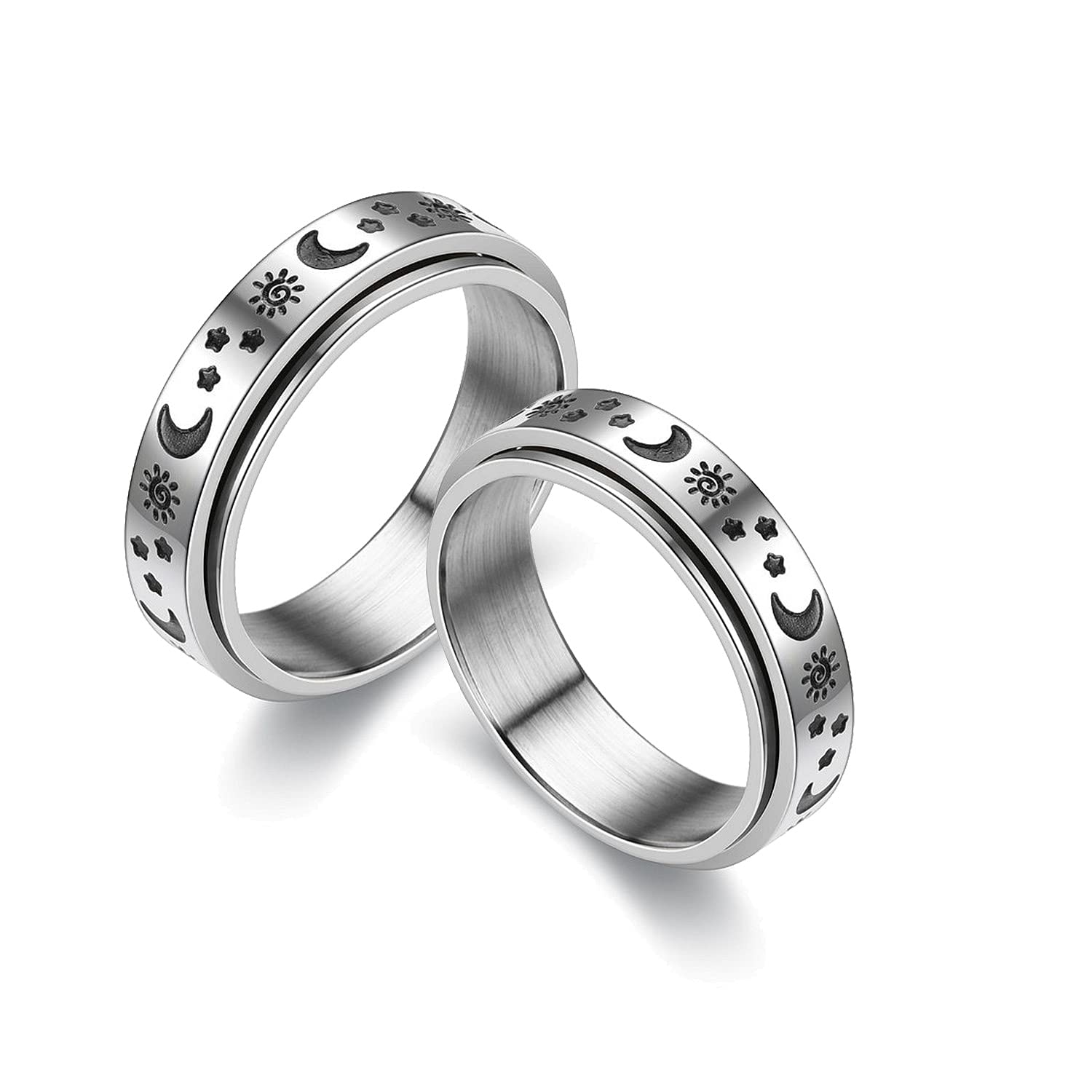 MZZJ Weirdo #1 Weirdo #2 Rings for Best Friend Lover Vintage Boho Star Moon Sun Spinner Fidget Ring Stainless Steel Knuckle Ring Wedding Band for Anxiety,BFF Friendship Gift