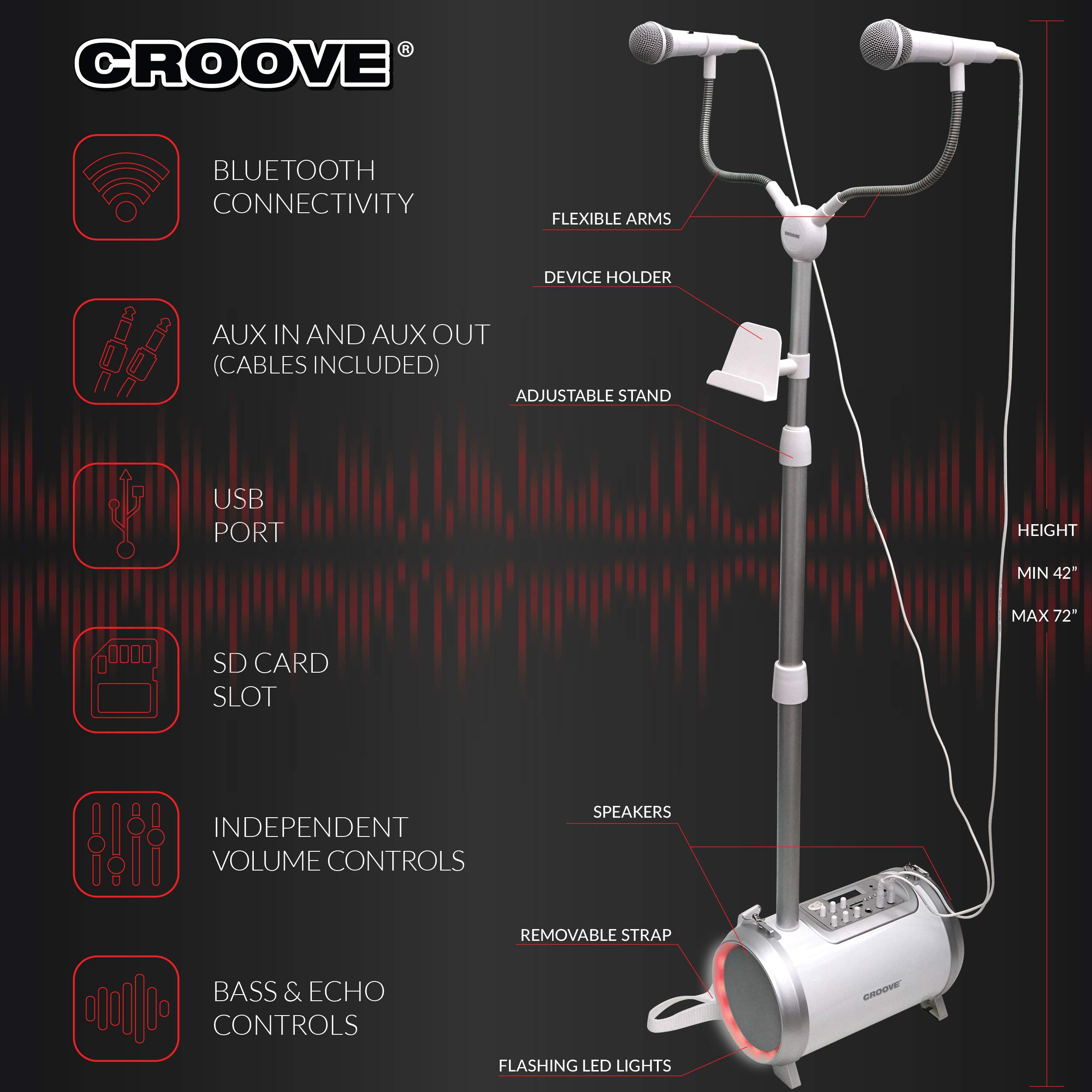 Karaoke Machine for Adults and Kids with 2 Microphones β Potable Karaoke Machine with Stand β Professional Wireless Machine Supports USB, AUX, SD, and Bluetooth