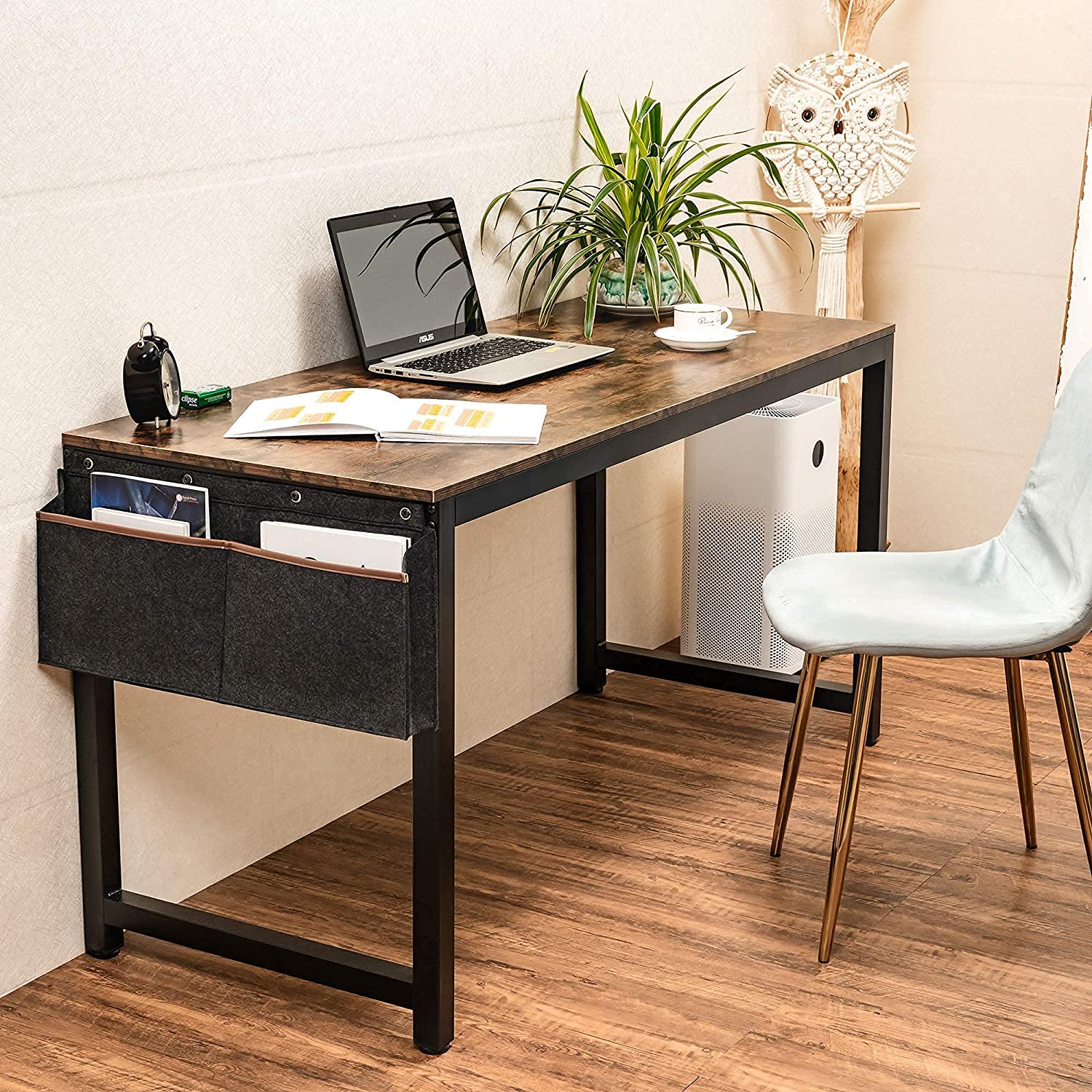KIKIBRO Computer Desk, 39.4" Study Writing Table with Headphone Hook Storage Bag for Home Office Students, Industrial Simple Style PC Desk, Black Metal Frame, Rustic