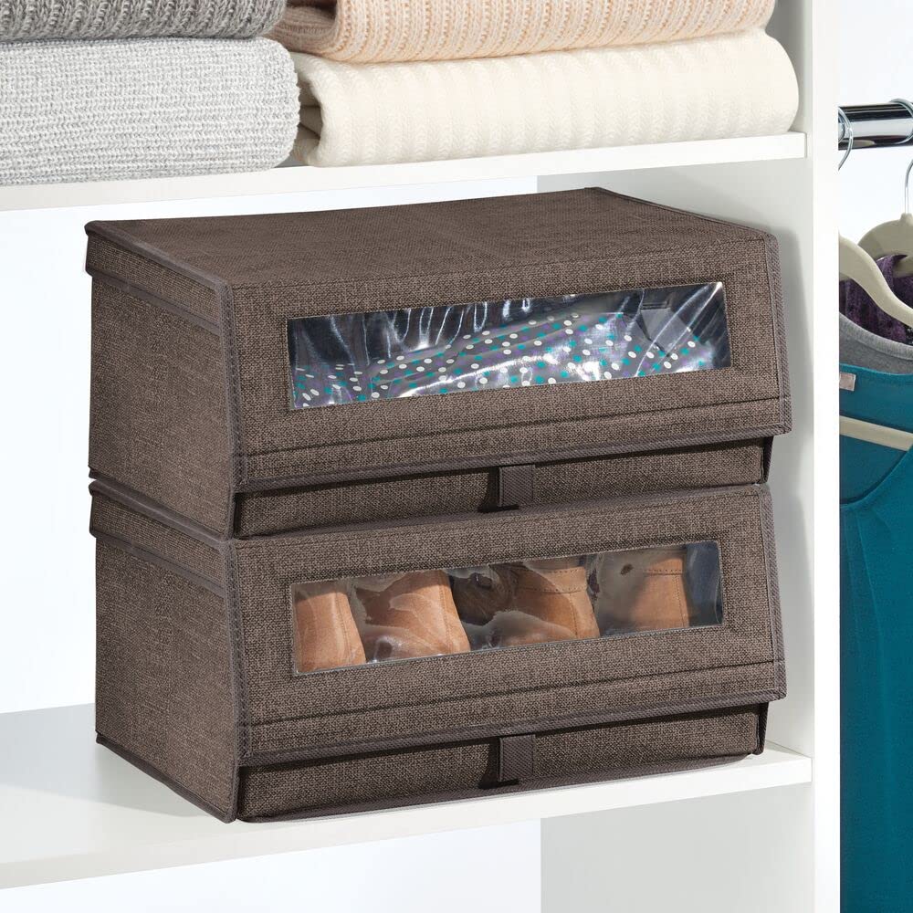 mDesign Large Fabric Closet Shoe Storage Box w/Clear Window - Shoe, Sandal, Sweater, Linen, Clothes Organizer - Boot Storage Solutions - Shoe Bin - Lido Collection, Espresso Brown