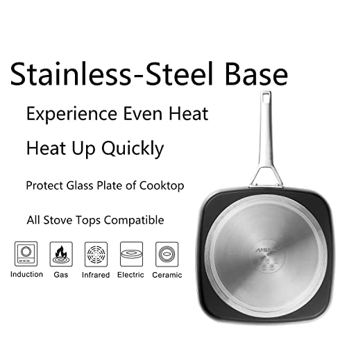 MsMk Square Grill Pan with lid, Stay-Cool Handle, Each Ridge Nonstick, Oven Safe Dishwasher Safe Induction Grill pans for Stove Tops, Square Frying Pan, Bacon Pan, Indoor Chicken Skillet, 11-Inch