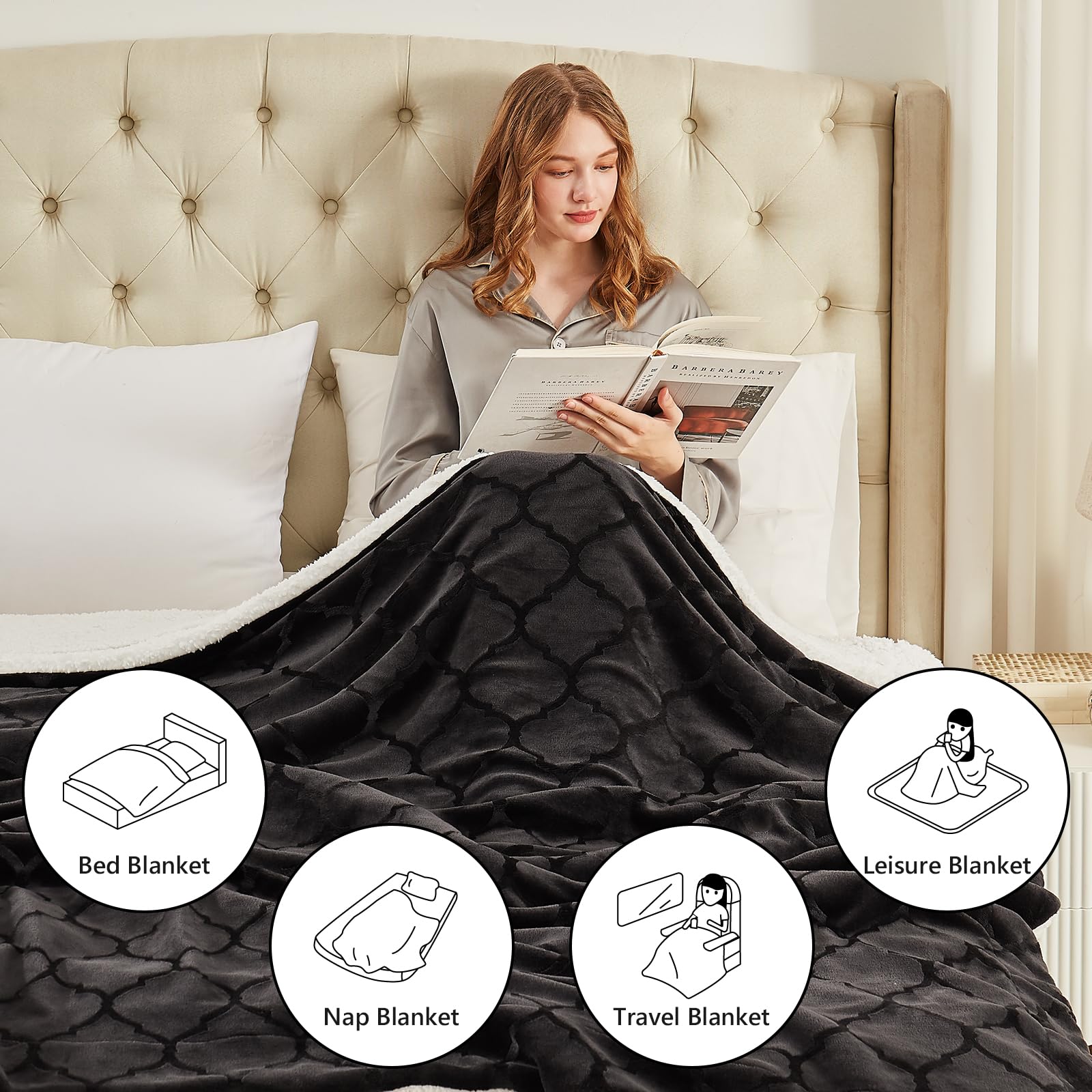 L'AGRATY Sherpa Throw Blanket - Fleece Fluffy Warm Blanket for Couch - 50''x60'' Double Reversible Thick Plush Blanket for Bed - Fuzzy Throw Plaid Checkerboard Blanket for Sofa (Red - Black)