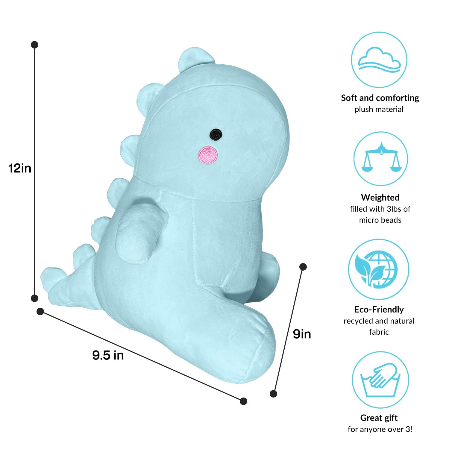 QUANTO 3lb Weighted Stuffed Animals. 12” Dinosaur Plush. Throw Pillow Plush Toys. Blue Stuffed Animal
