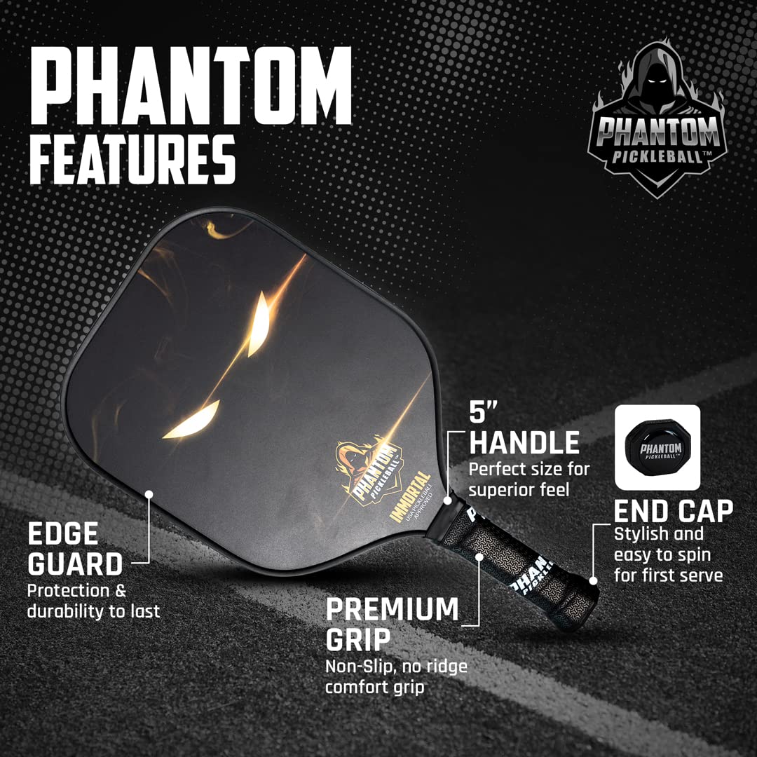 Phantom Immortal Carbon Fiber Wide Body Pickleball Paddles - Max Grit and Spin - USAPA Approved β Pickleball Rackets - Pickle-Ball Equipment with Polypropylene Core β Lightweight (Gold)