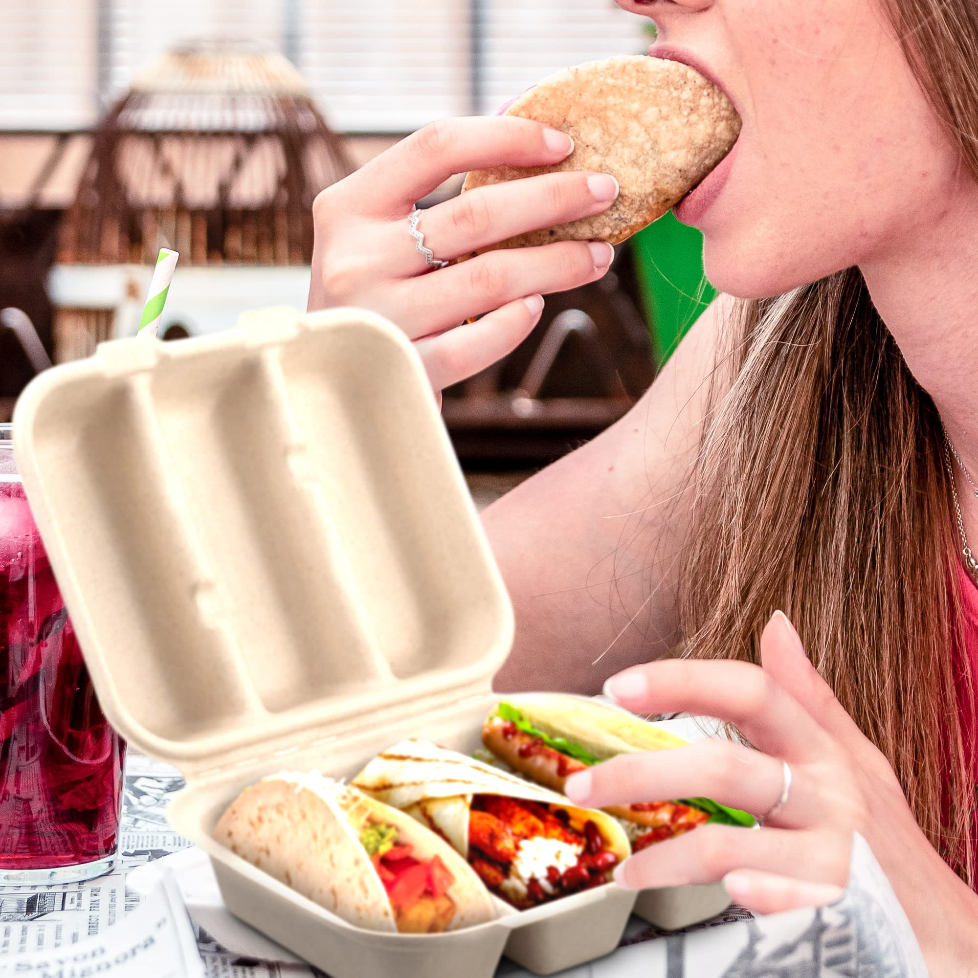 MT Products Taco Container - 15 Pieces Disposable Pulp Fiber 3 Compartment Taco Holder with Lid - Size 8β x 7β x 3" Keeps Taco Upright