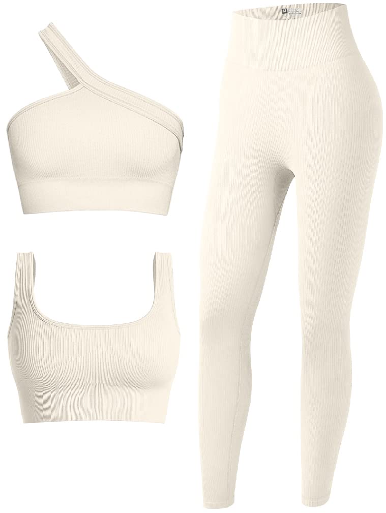 OQQ Women's 3 Piece Ribbed Seamless Exercise Scoop Neck Sports One Shoulder High Waist Legging Active Set Bra Outfit, Beige, Medium