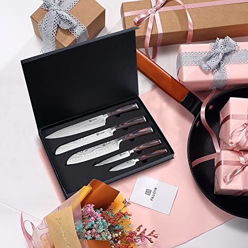 PAUDIN Kitchen Knife Set, Ultra Sharp Knife Set with Pakkawood Handle, High Carbon Stainless Steel Knives Set for Kitchen, 5 Piece Chef Knife Set Come with Gift Box