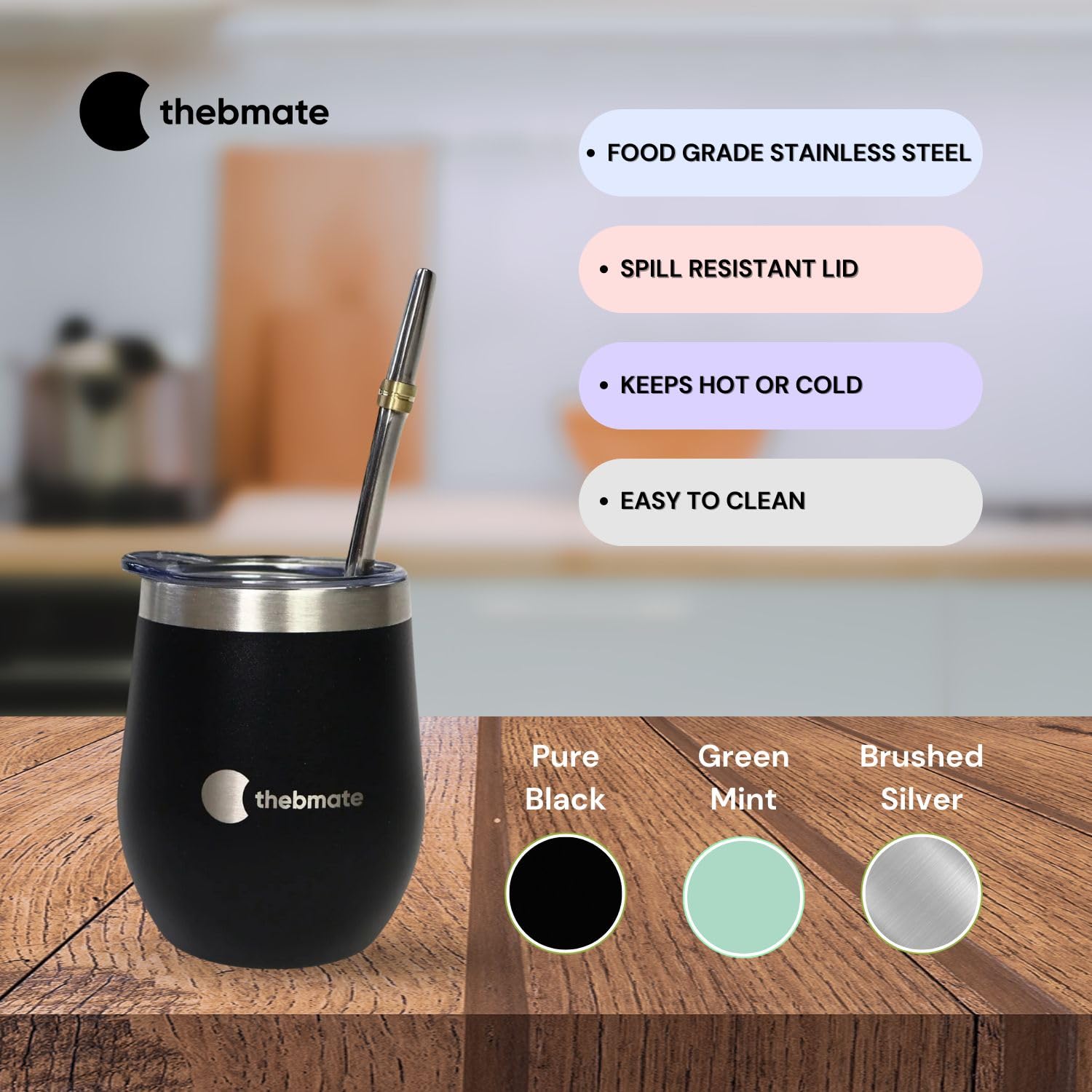 thebmate Classic Yerba Mate Set β Double Walled Stainless Steel Mate Cup β Mate Gourd with Spill Resistant Lid, Bombilla Straw and Cleaning Brush (8 oz) (Pure Black)