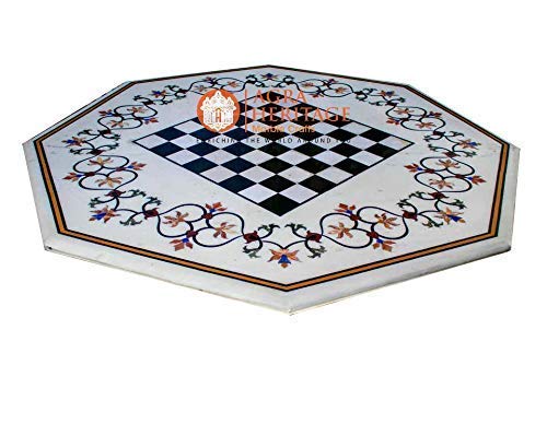 Whtie Marble Chess Dining 51" Table Top Floral Marquetry Arts Playroom Decor Gift For Chess Player
