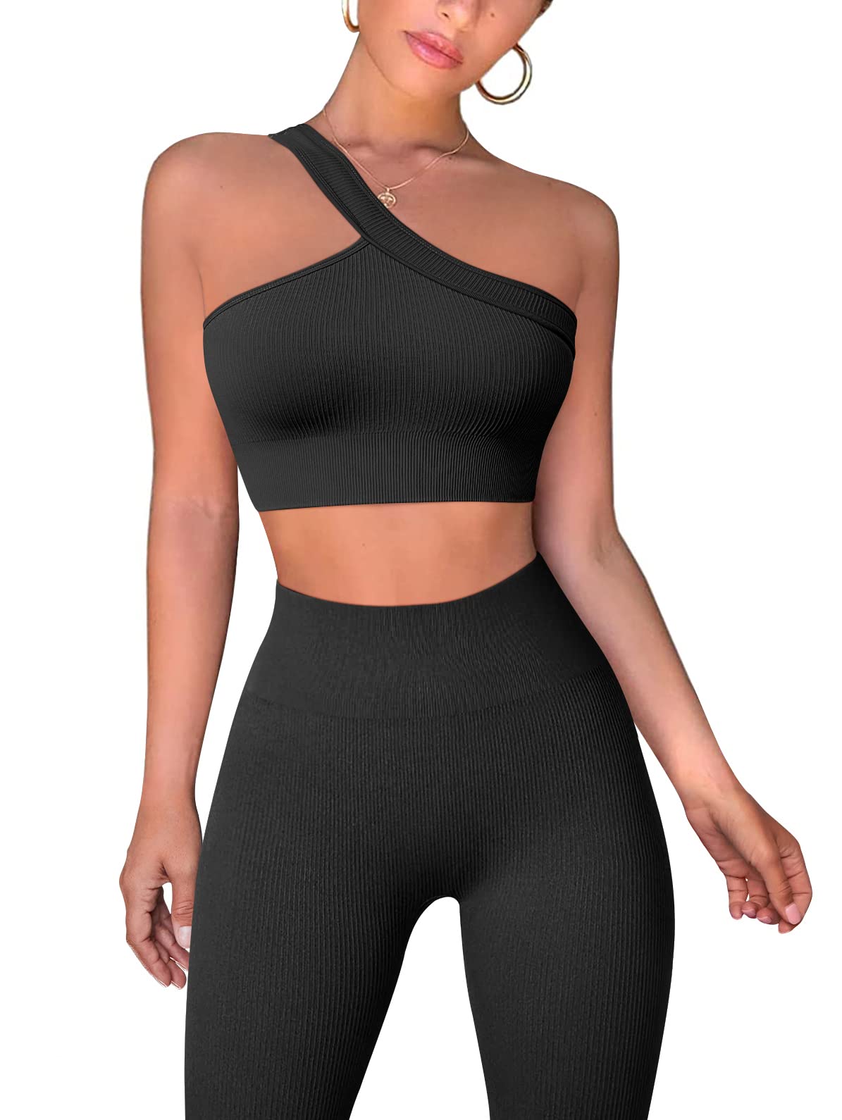 OQQ Workout Outfits for Women 2 Piece Ribbed Exercise One Shoulder Tops High Waist Leggings Active Yoga Set Black