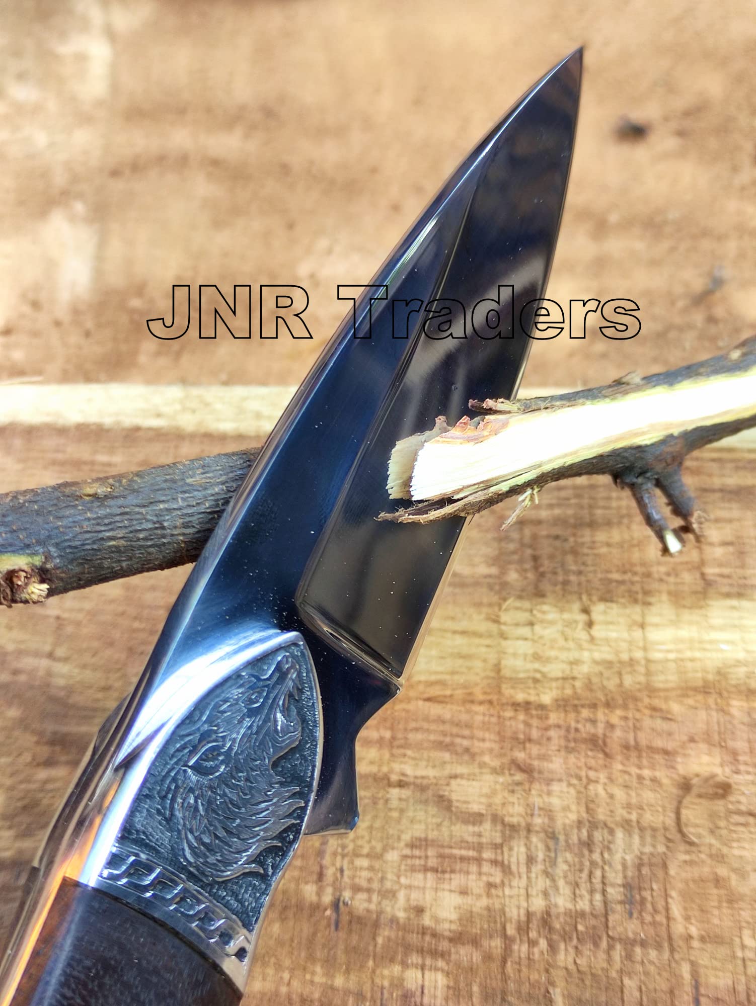 JNR Traders Handmade Hunting Knife With Sheath Mirror Polished D2 Steel 4 Inch Blade Engraved Deocrative Wood Handle 3749