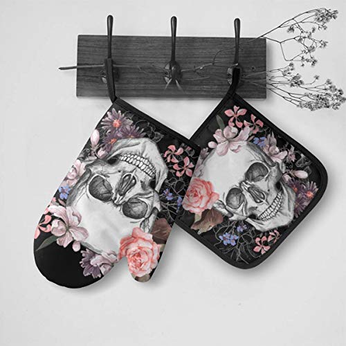MSGUIDE Skull and Flowers Day of The Dead Oven Mitts -Heat Resistant 500 Degrees-Non Slip Kitchen Pot Holders Sets - Cooking Safe Gloves Soft Inner Lining