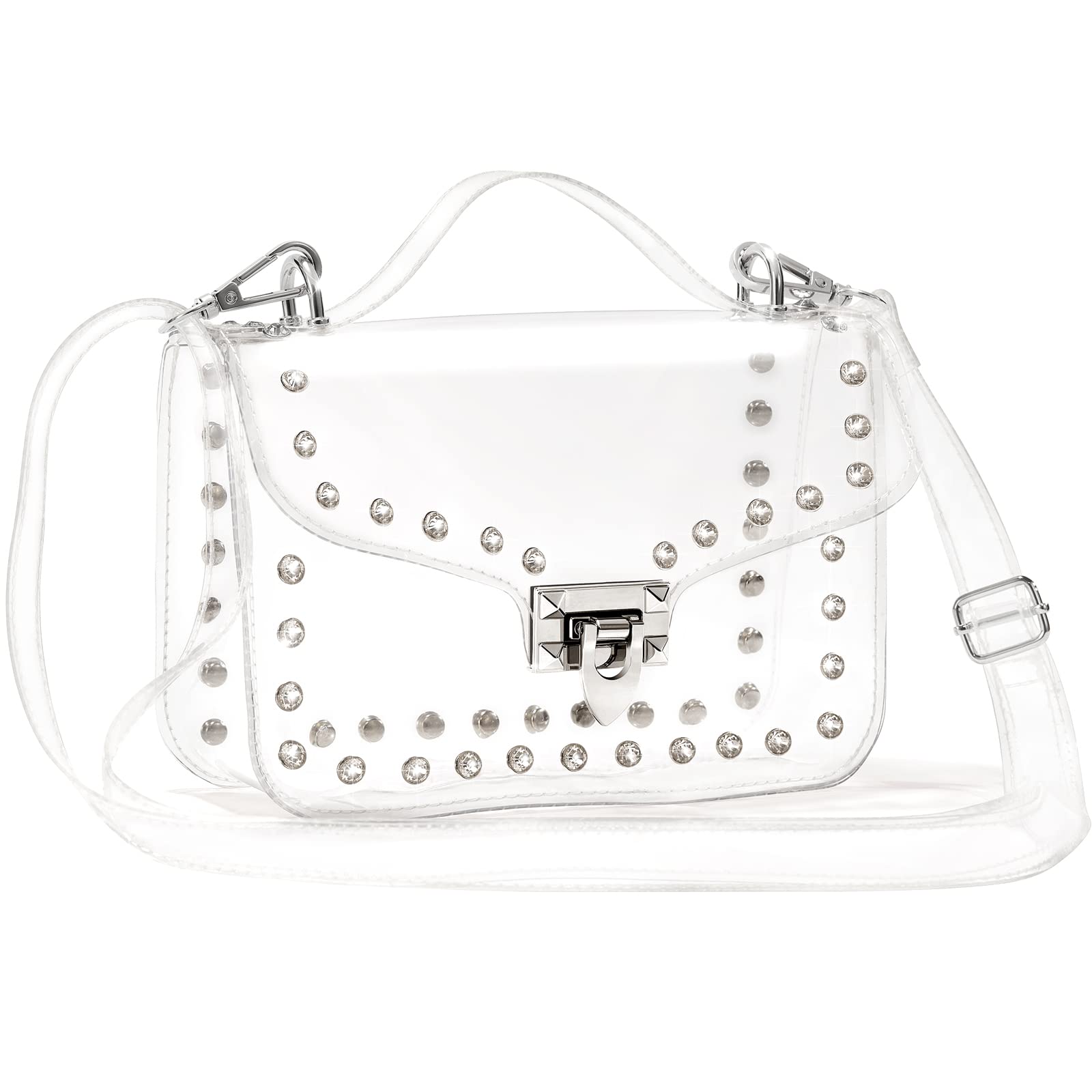 OllarKt Clear Purses For Women, Small Clear Clutch Purse Clear Crossbody Bag Stadium Approved Silver Rhinestone Embellished Evening Bag, Gift for Women