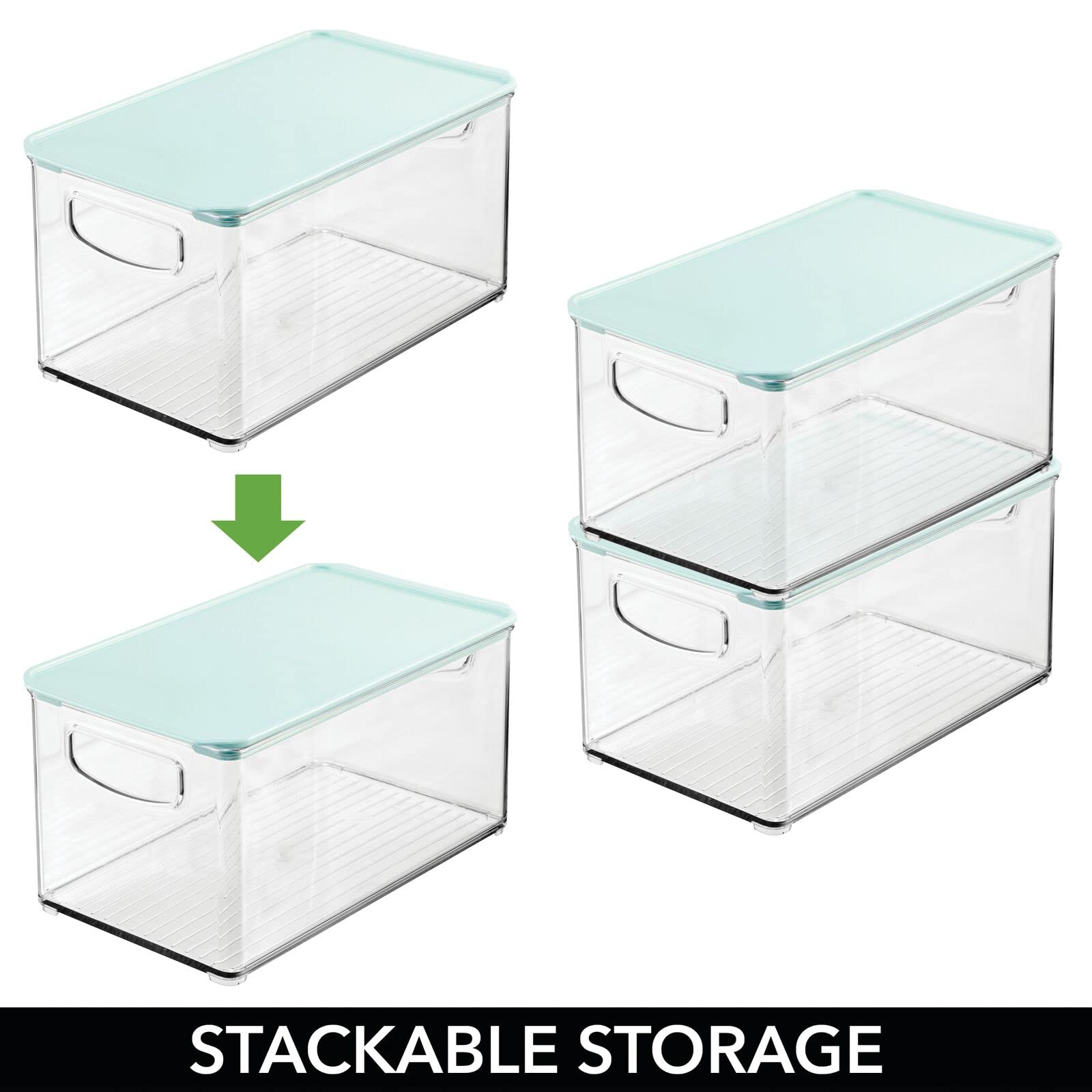mDesign Plastic Storage Bin Box Container, Lid - Built-In Handles - Organization for Toys, Games, Accessories in Play or Game Room, Cabinet, Shelves, Cubby, Ligne Collection, 4 Pack, Clear/Mint Green