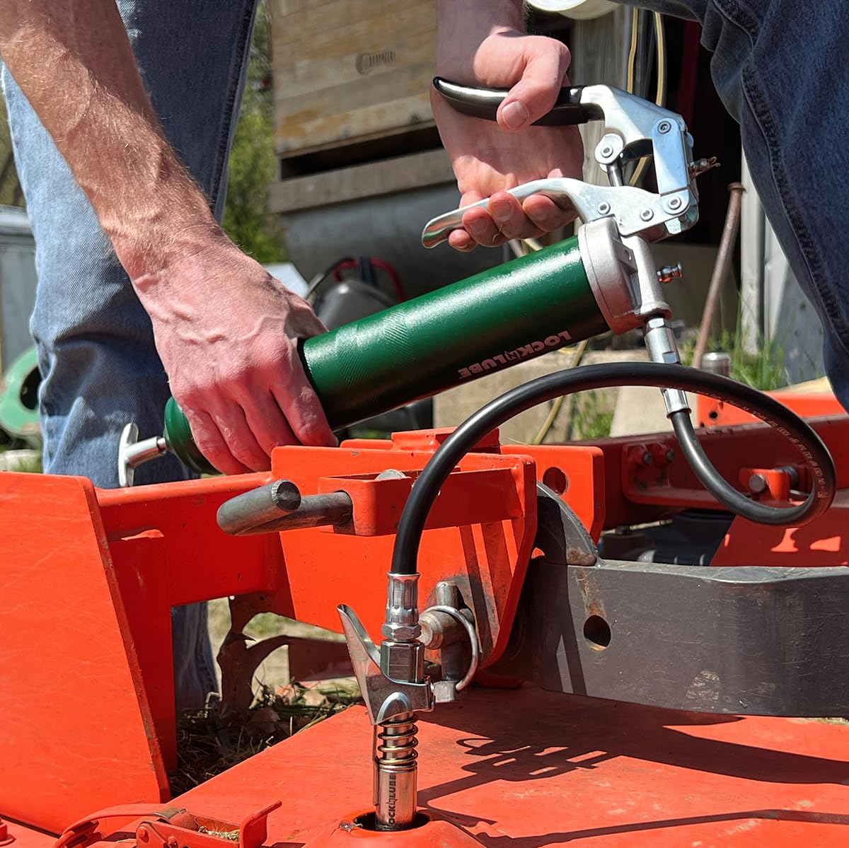 LockNLube Heavy-Duty Pistol Grip Grease Gun. Includes our patented LockNLubeĀ® Grease Coupler (Locks On, Stays On, Won't Leak!) plus a high-quality 20" hose and in-line hose swivel