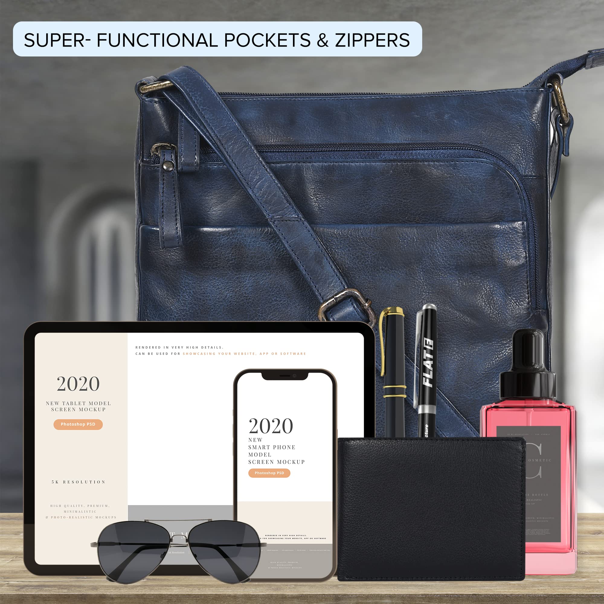 Real Leather Crossbody Bags For Women β Sling Bag Cross over Purse With Adjustable Shoulder Strap Medium Size Front Zipper (Dark Blue)