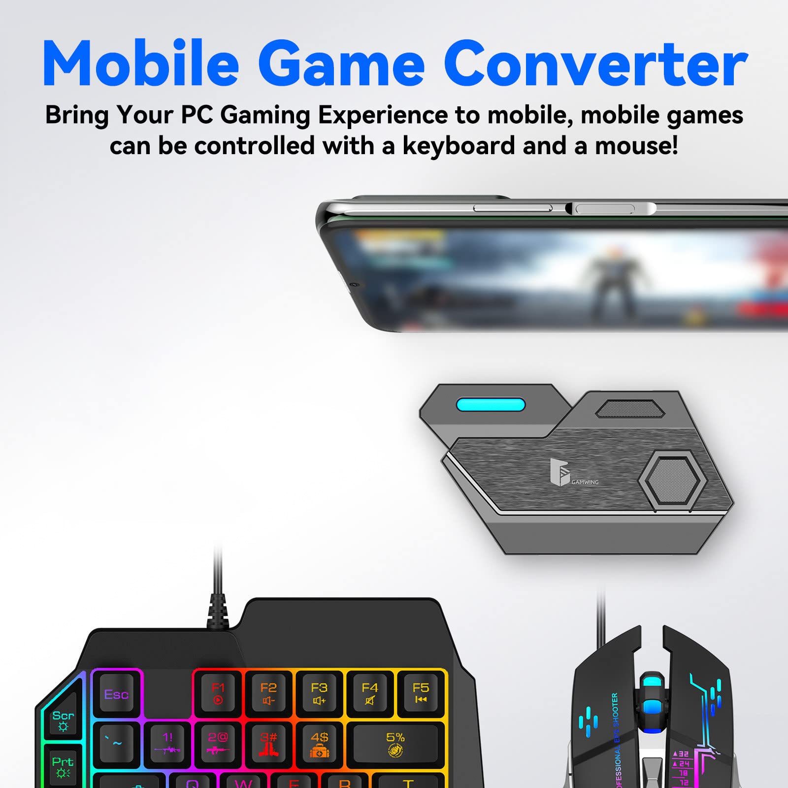 One Hand RGB Gaming Keyboard and Backlit Mouse Combo, Wireless Bluetooth Converter Adapter for Gaming, 39 Keys Mobile Game Controller, Support Wrist Rest Gaming Keyboard Set for SmartphoneTablet