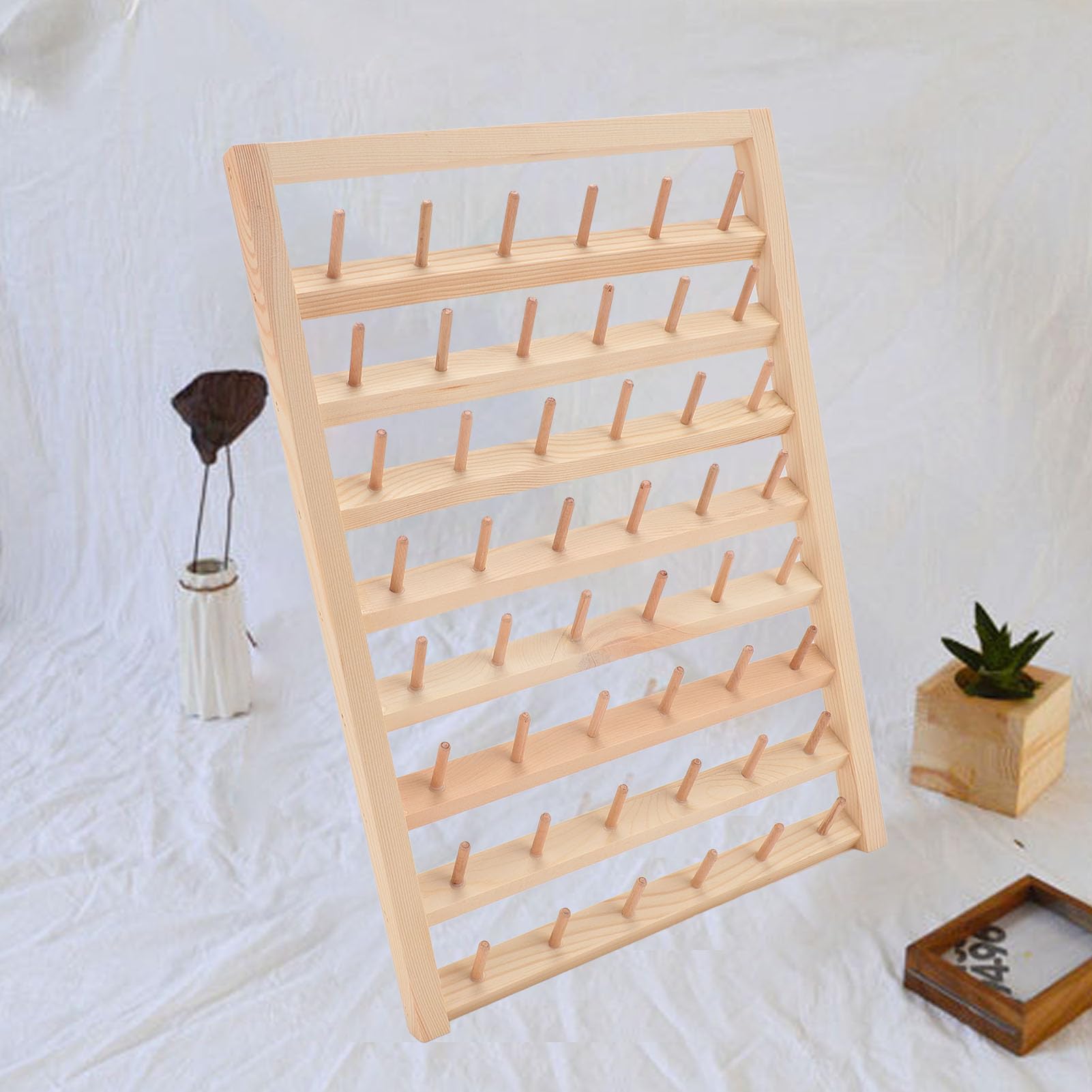 Thread Holder 48 Spools Thread Rack Wall Mounted Wooden Thread Holder, DIY Embroidery Spool Thread Organizer for Household Sewing, 13.4 x 16.1in Thread Rack with Hanging Hook
