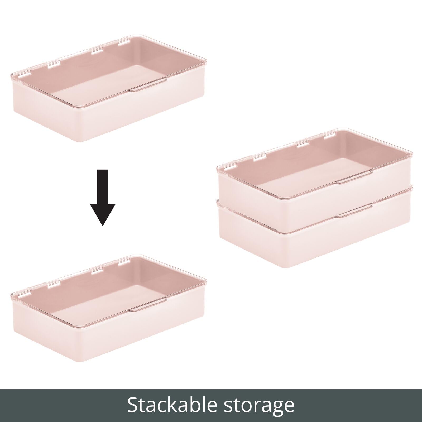 mDesign Plastic Household Storage Bin Box Organizer Container with Hinge Lid for Kitchen, Office, Bathroom, Bedroom, Hold Food, Snacks, Makeup, Toys, Work Supplies, Accessories, Light Pink/Clear