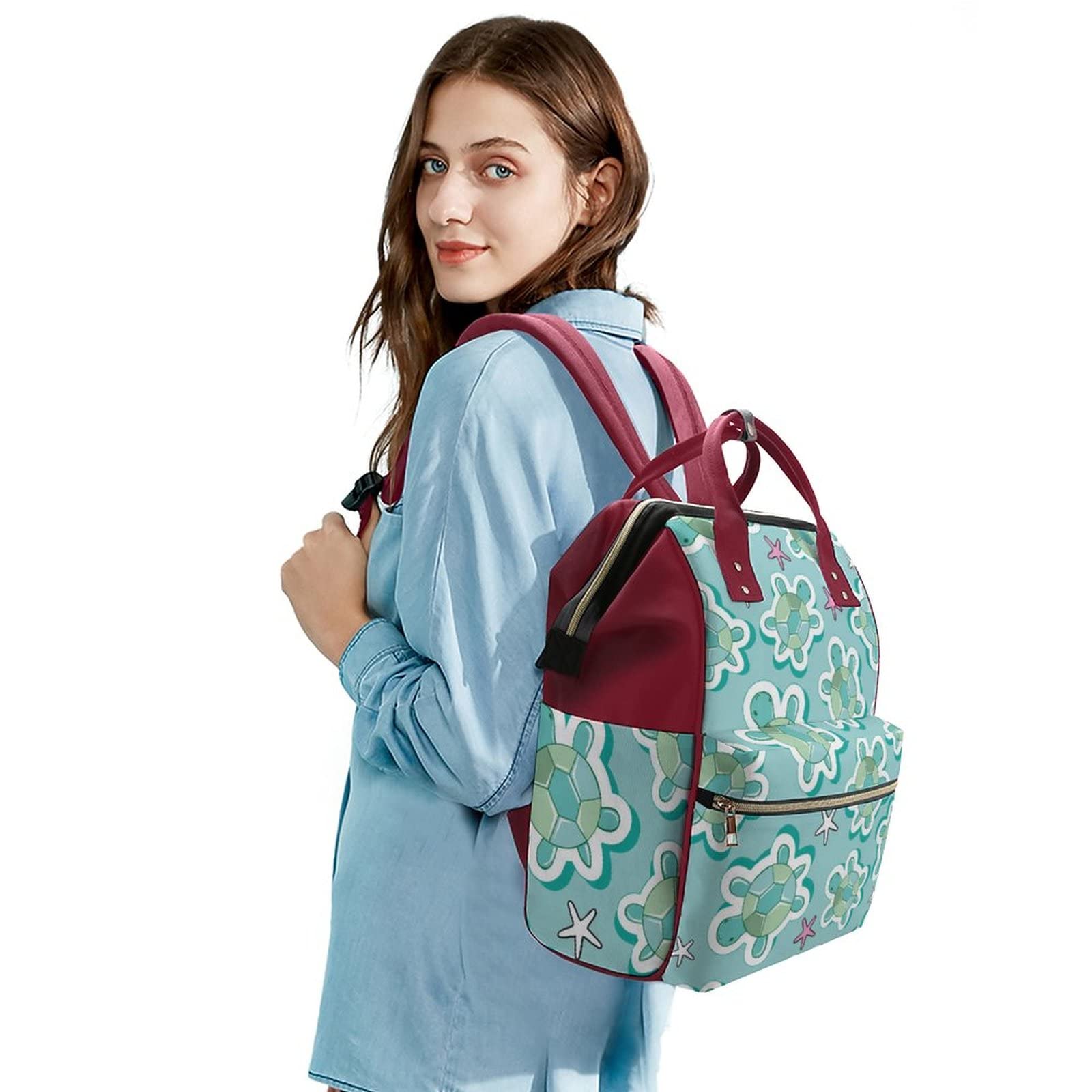 Turtles and Starfish on Blue Diaper Bag Backpack Large Capacity Mommy Bags Multifunction Nappy Bag Travel Back Pack Red-Style