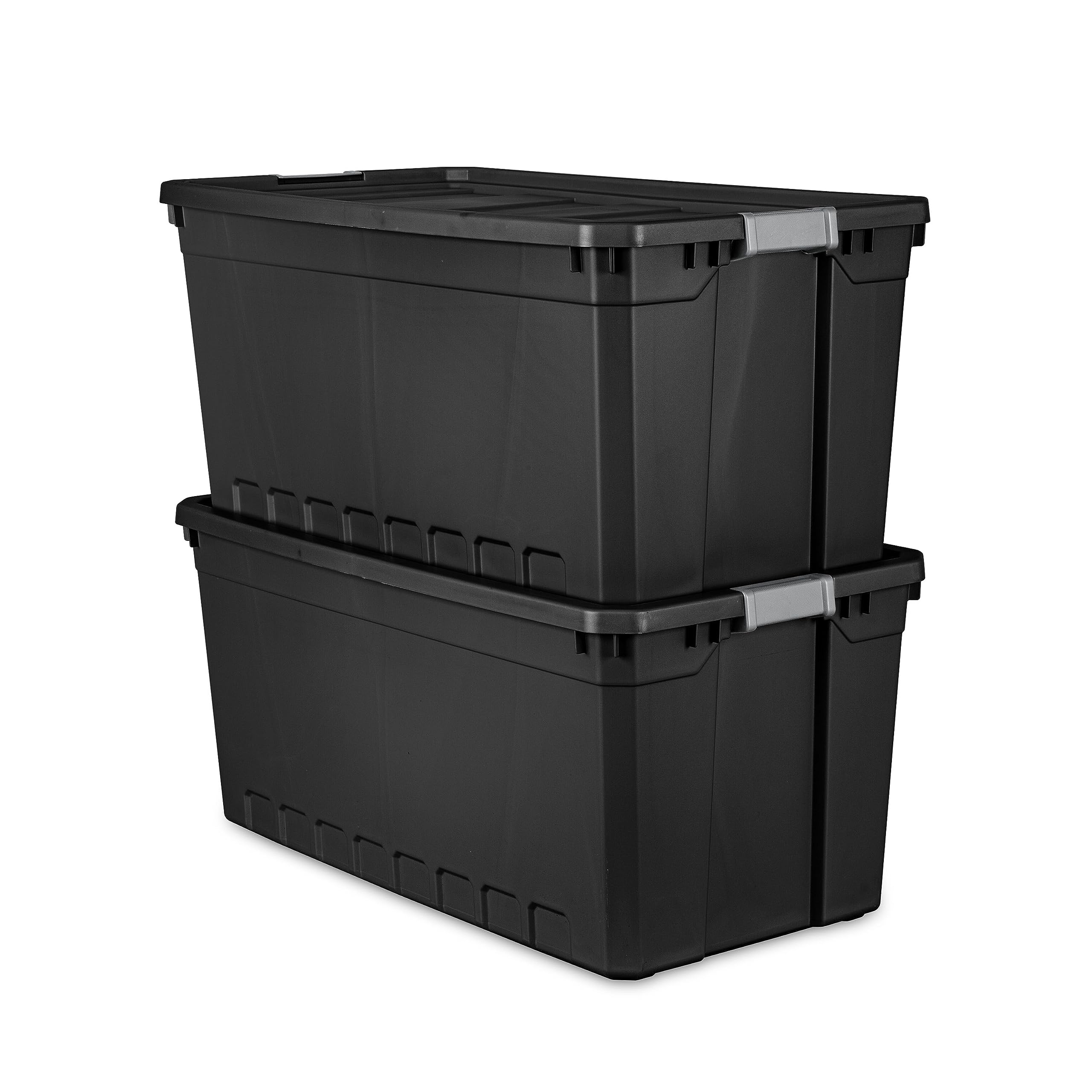 MAKUTU 50 Gallon Stacker Tote Plastic, Black, Set of 3l, Durable Stackable Nestable Organizing Tote Tub Box Toy General Organization Garage Large