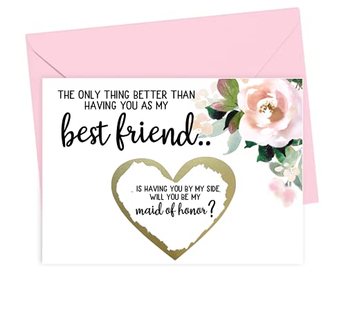 Will You Be My Maid of Honor Card, Pink Rose Dusky Flowers Scratch Off Proposal Cards for Best Friend, Bridal Party Proposal Maid of Honor Card with Matching Envelope (Best Friend Maid of Honor1)