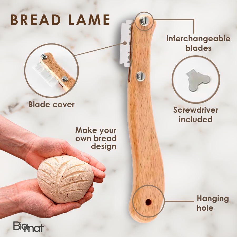Wooden Bread Bow Knife & Bread Lame Set - Sourdough Bread Knife - Sourdough Scoring Tool - Bread Knife for Homemade Bread