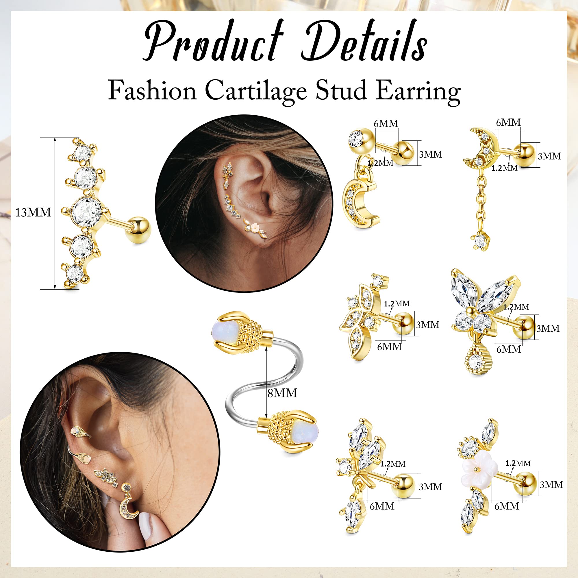 ORAZIO 8PCS Stainless Steel Cartilage Earring Stud Conch Forward Helix Tragus Daith Piercing Jewelry For Women Men Gold Tone