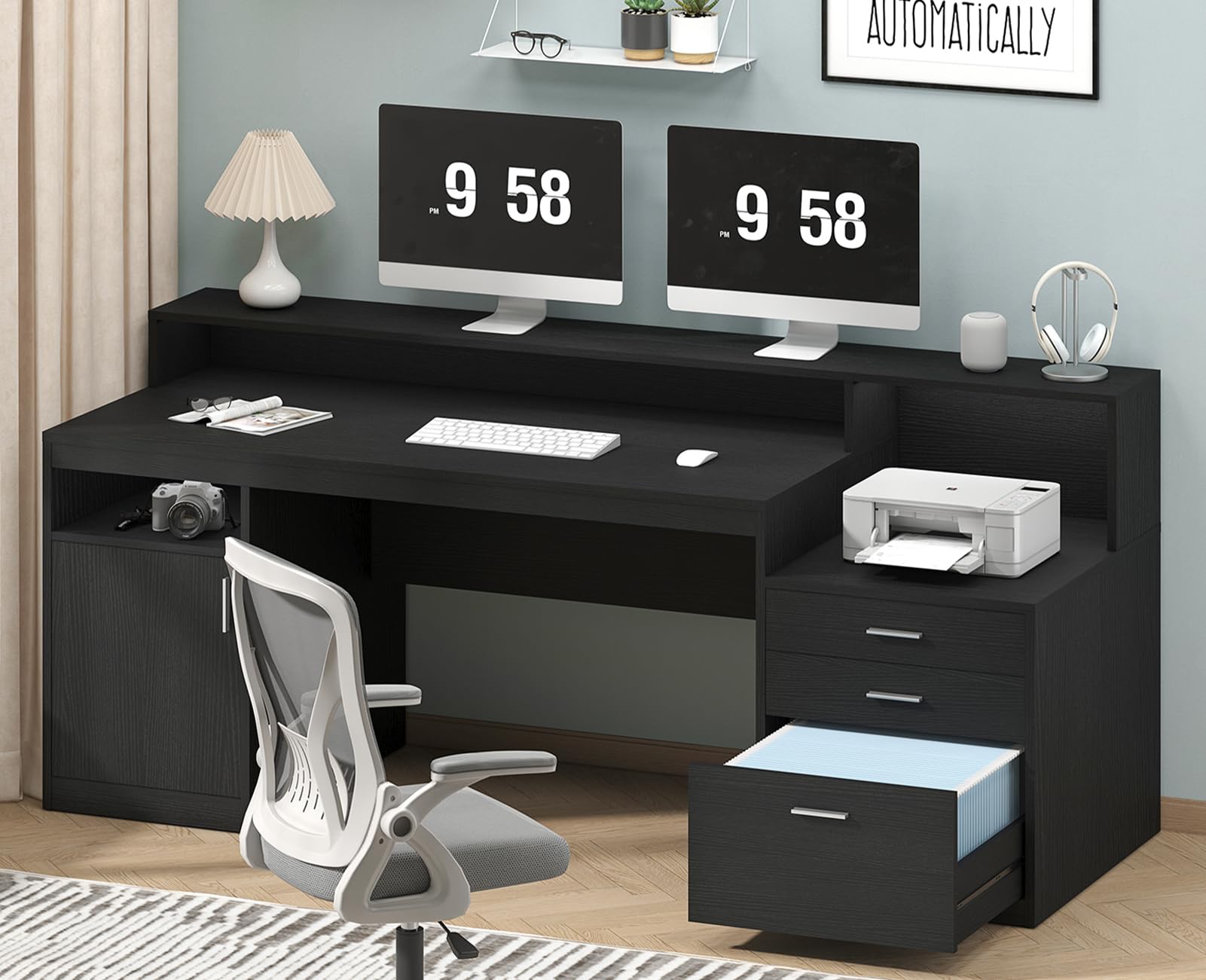 TVU 65" Computer Desk with 3 Drawers & Printer Stand, Office Desk with Monitor Stand & Storage Cabinet, Gaming Desk with Storage Shelf & Large Desktop, White Writing Desk for Home Office