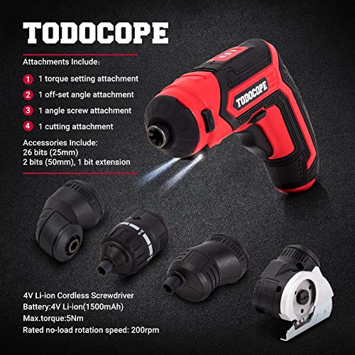 TODOCOPE 4 in 1 Electric Screwdriver Cordless, 4V MAX 1500mAh Li-ion Cordless Screwdriver Rechargeable, with 4 Multi-function Attachment and Charger