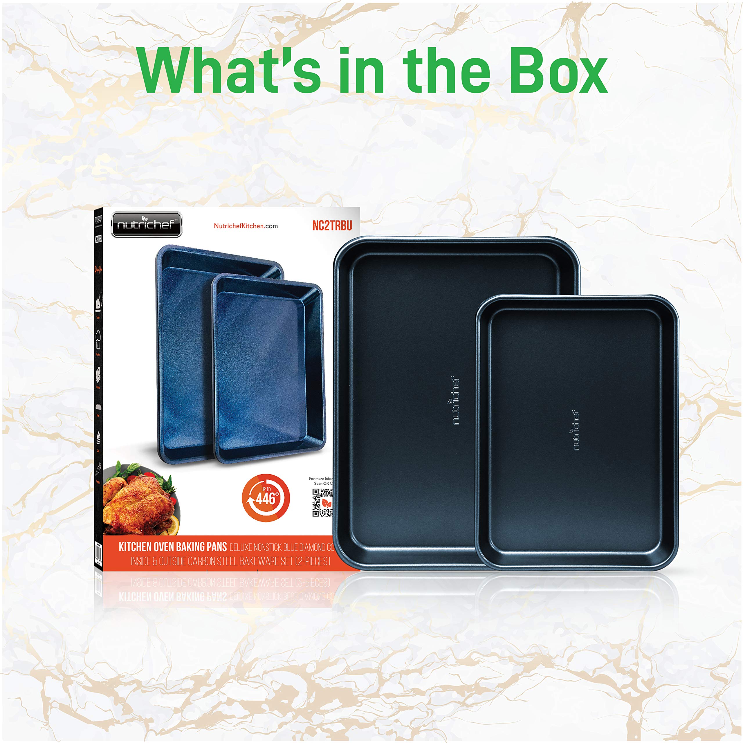 NutriChef Non-Stick Cookie Sheet Baking Pans - 2-Pc. Professional Quality Kitchen Cooking Non-Stick Bake Trays w/ Blue Diamond Coating Inside & Outside, Dishwasher Safe - NutriChef, One Size