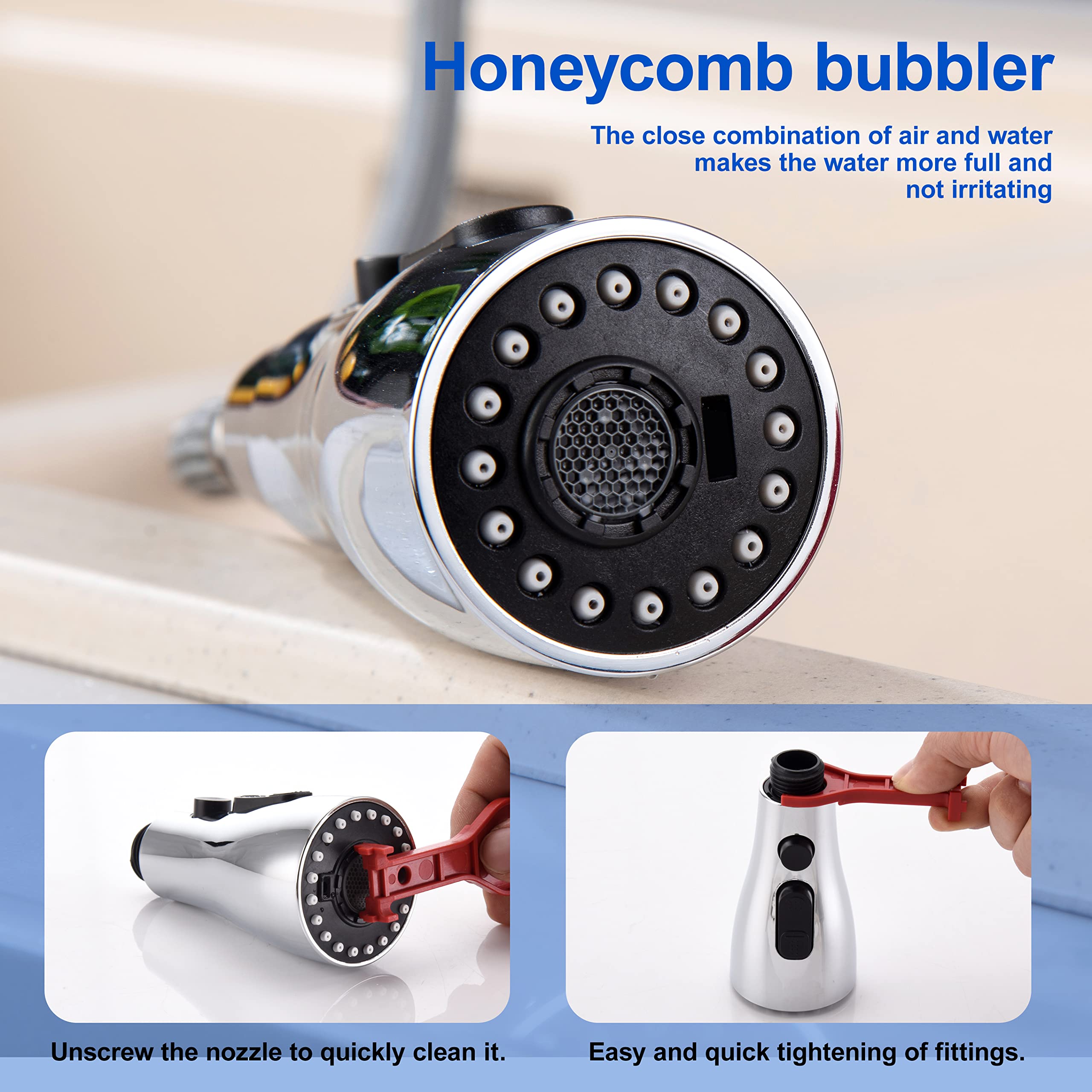 Pull Down Kitchen Faucet Sprayer Head Replacement Part, 3 Function kitchen Sink Faucet Replacement Nozzle, Spray Head for American Standard Faucets, Kohler, Hansgrohe, Grohe, Moen, Delta, Chrome