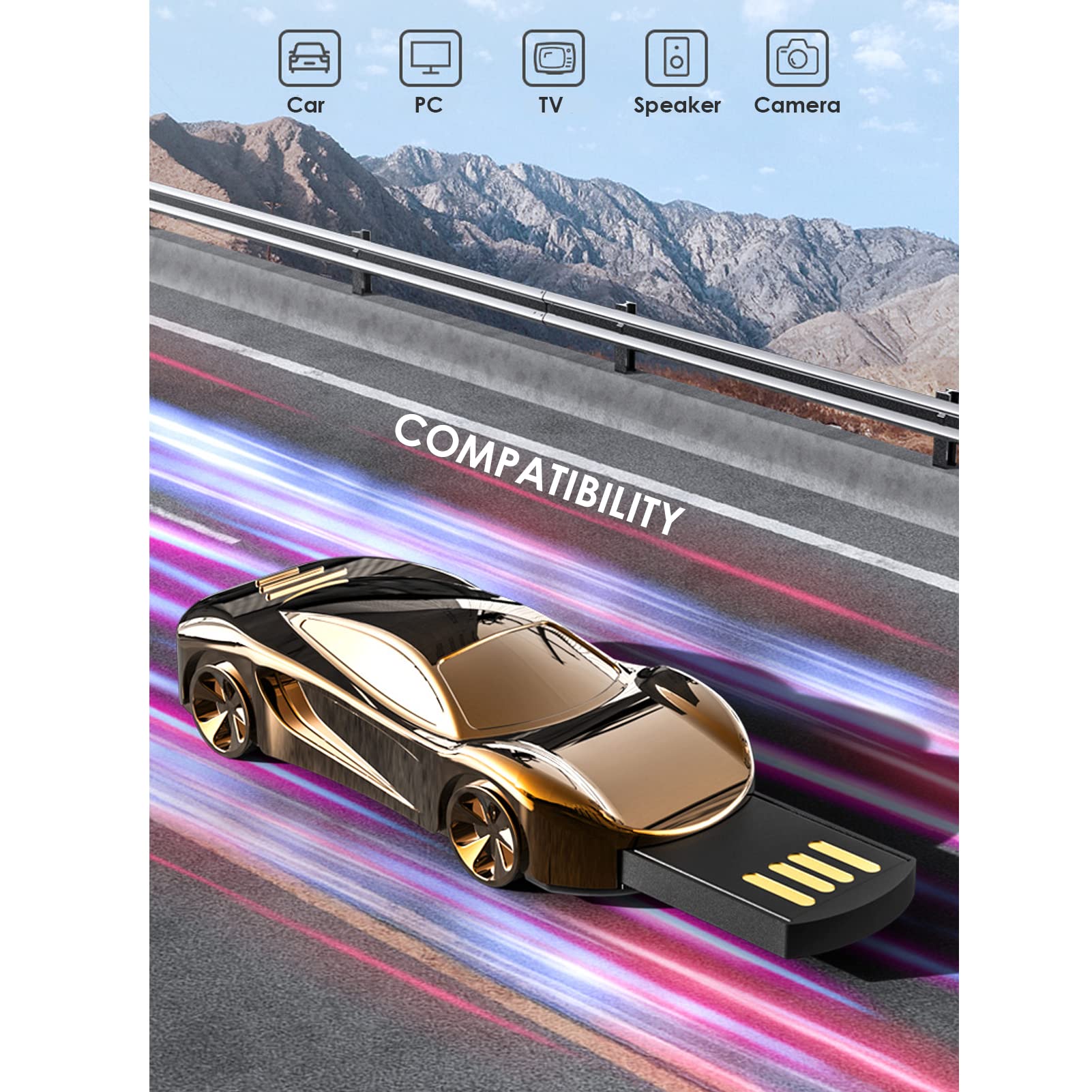 USB Flash Drive, Car Shaped USB 2.0 Thumb Drive Memory Stick, Novelty USB 2.0 Flash Thumb Drive Keychain, with Lanyard (Black)