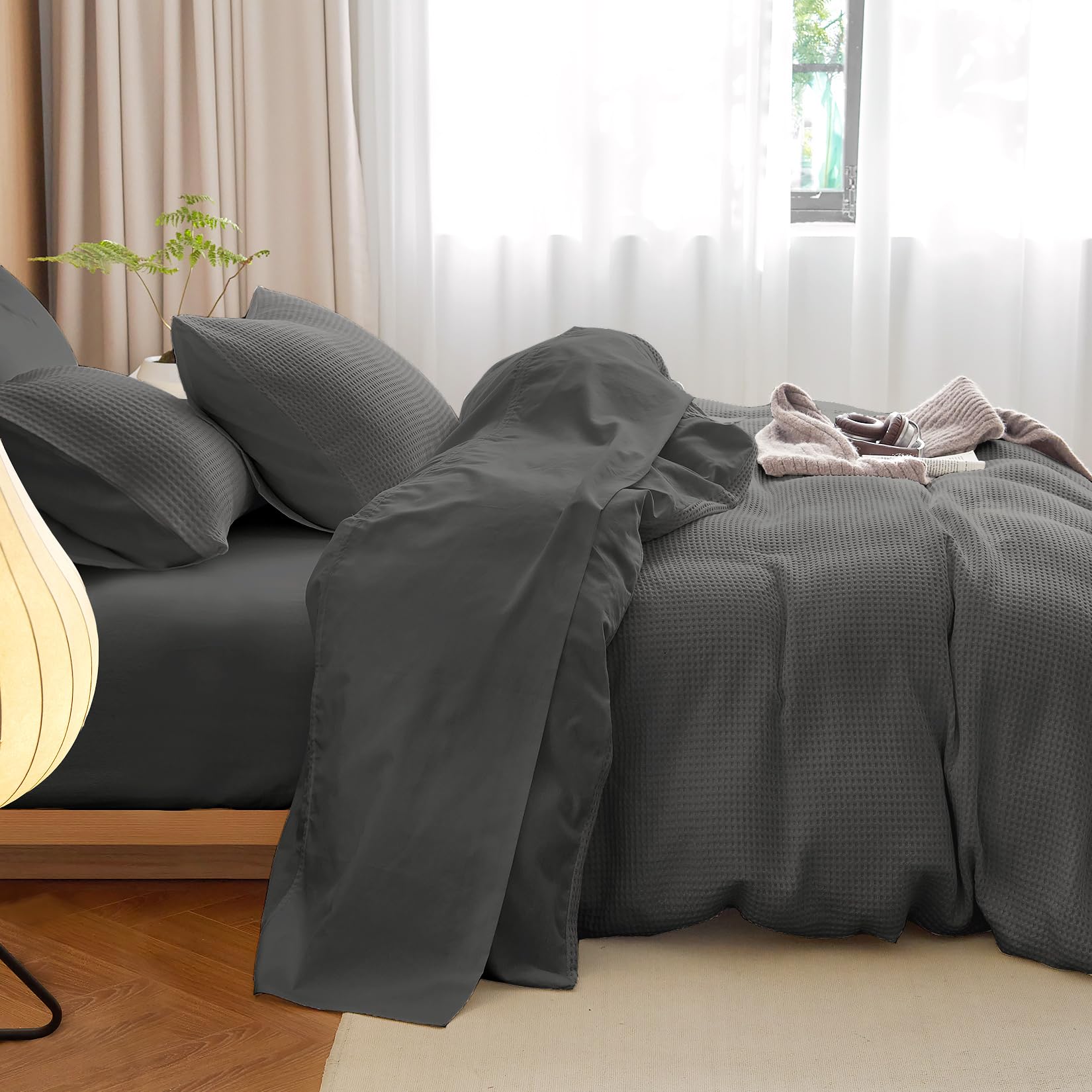 Wake In Cloud - Waffle Cotton Duvet Cover Set, 100% Cotton Bedding, Waffle Weave Knit Textured Neutral Farmhouse Soft Lightweight, 3 Pieces, Beige, Queen Size